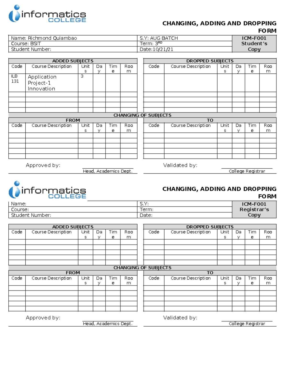 ADD. DROP, Cancelation Forms - CHANGING, ADDING AND DROPPING FORM Name ...