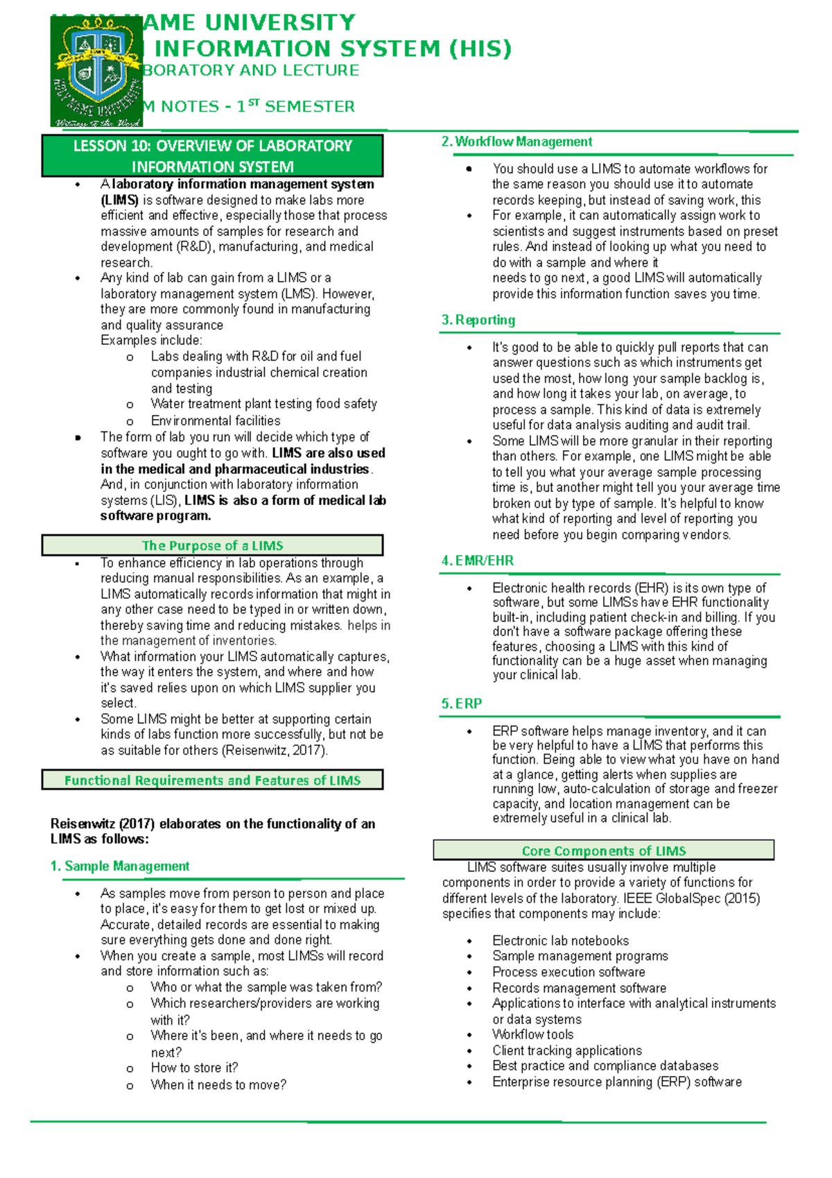 HIS LAB AND LEC - Notes for HIS LAB and LEC - HEALTH INFORMATION SYSTEM ...