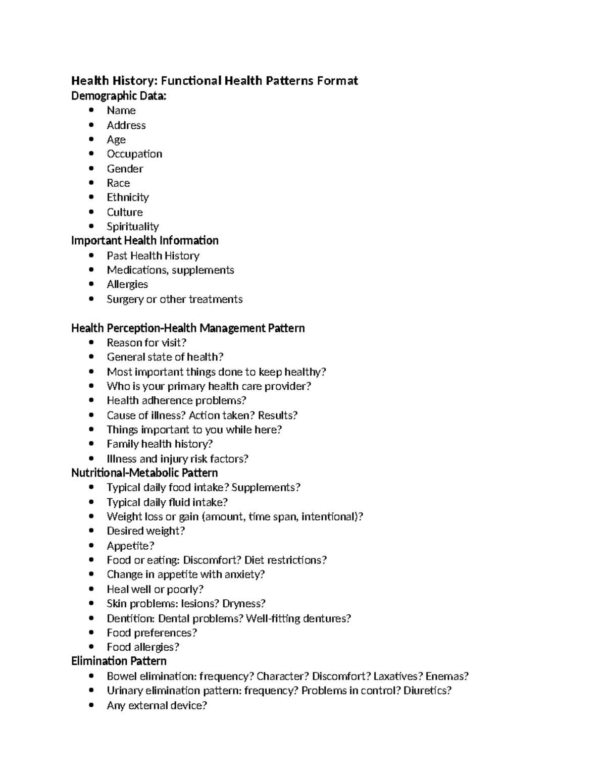 Health History FHP Format - Health History: Functional Health Patterns ...