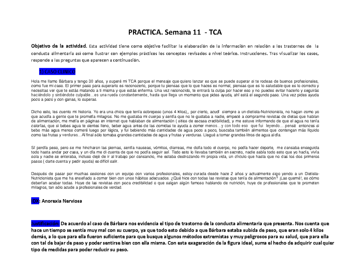 Transtornos alimentarios , sara bernal - PRACTICA. Semana 11 - TCA Objetivo de la actividad ...