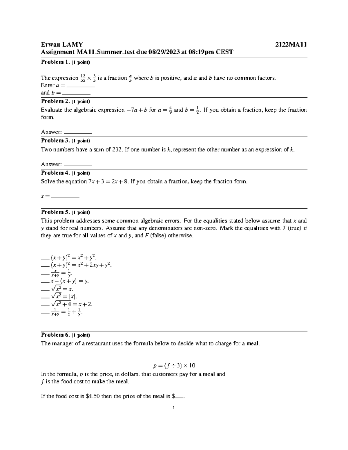 Summer test 2023 - Erwan LAMY 2122MA Assignment MA11 Summer test due 08 ...