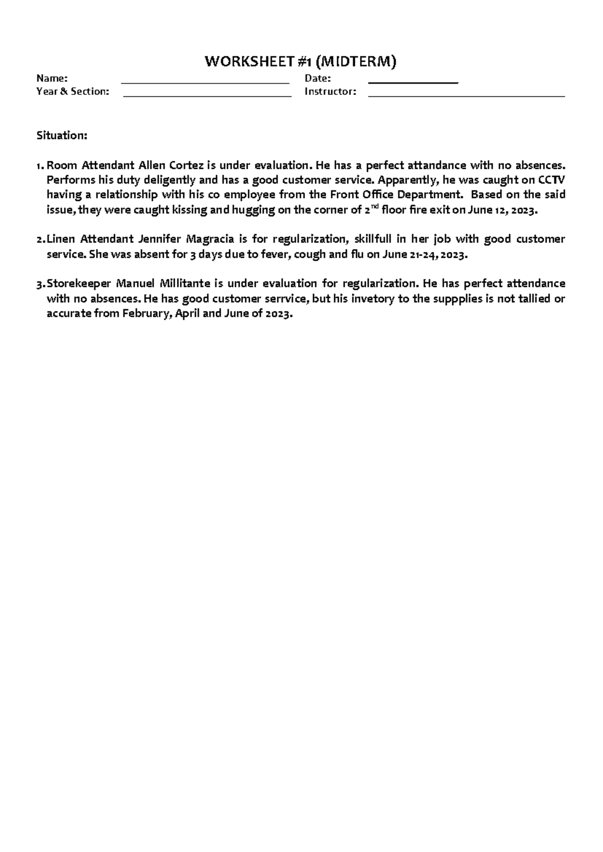 Employee Performance Review - WORKSHEET #1 (MIDTERM) Name