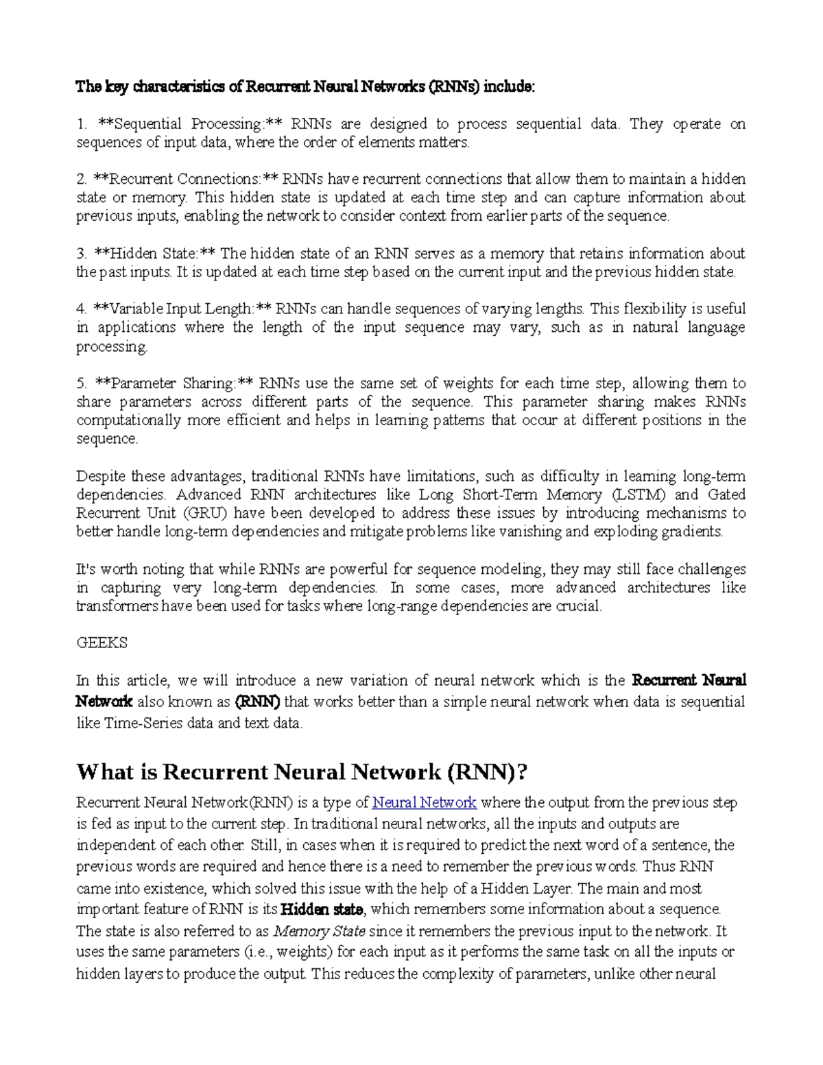 RNN - Understanding of RNN - The key characteristics of Recurrent Neural Networks (RNNs) include ...