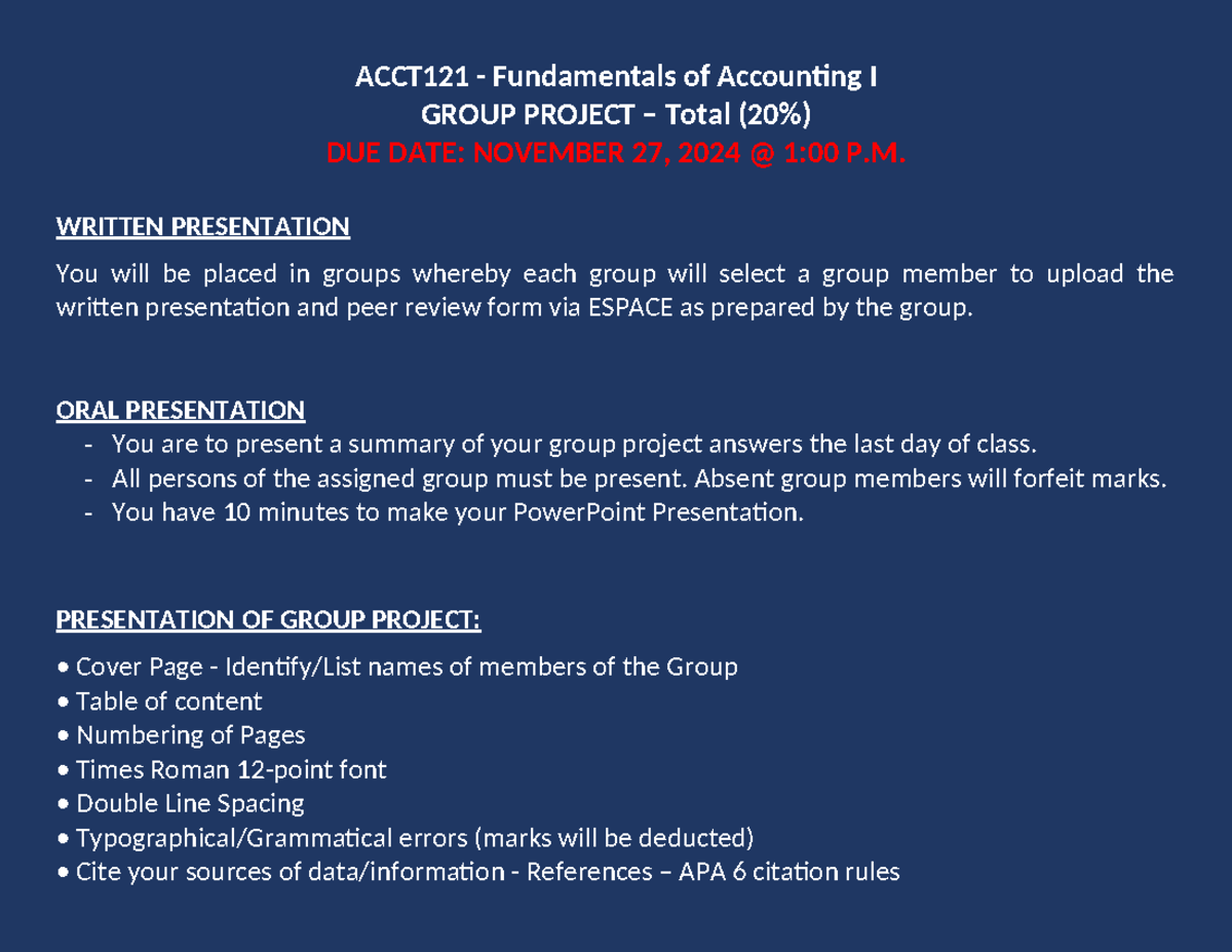 ACCT 121 - Group Project - ACCT121 - Fundamentals of Accounting I GROUP ...