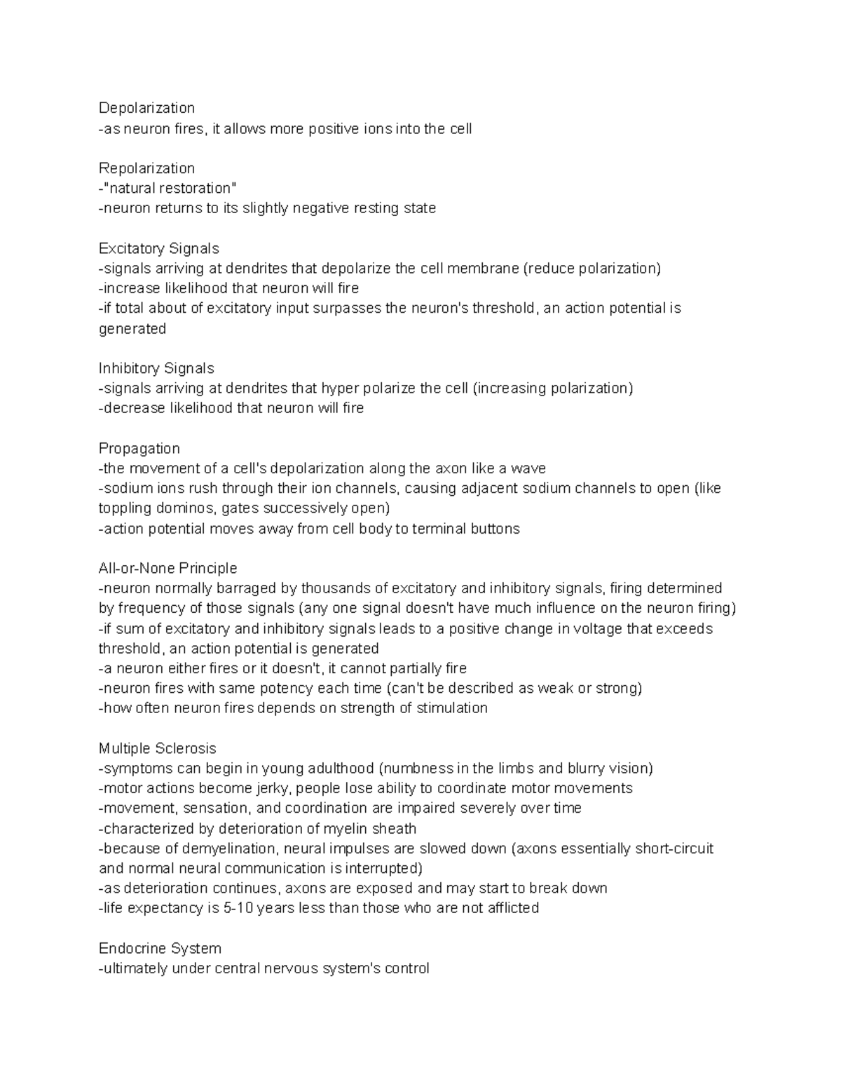 202 study guide 9 - Professor: Jeff Henriques - Depolarization -as ...