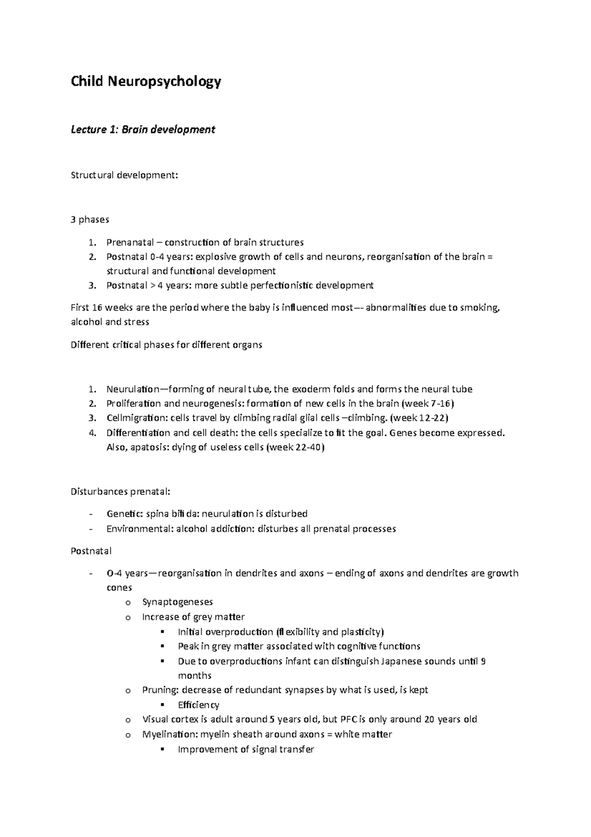 Child Neuropsychology lecture - Child Neuropsychology Lecture 1: Brain development Structural ...