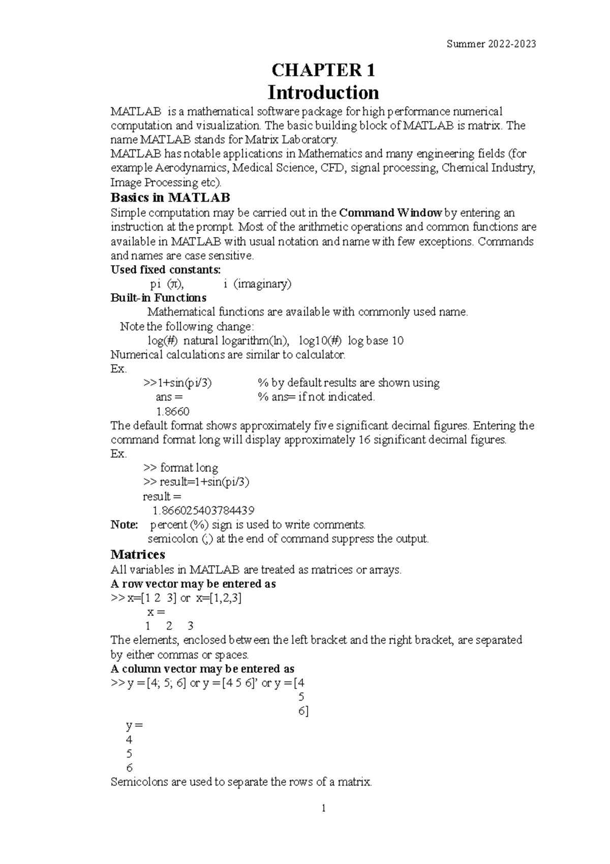 CH-1 ,MATH-5 Lecture NOTE - CHAPTER 1 Introduction MATLAB is a ...