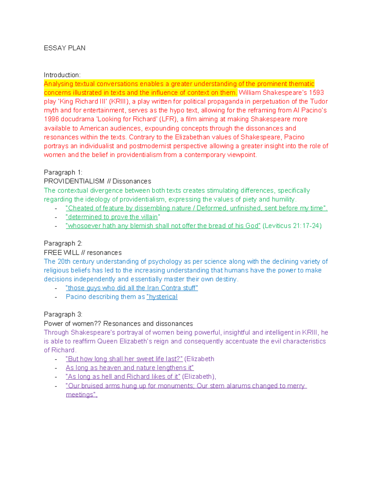 Module A - essay plan - ESSAY PLAN Introduction: Analysing textual ...