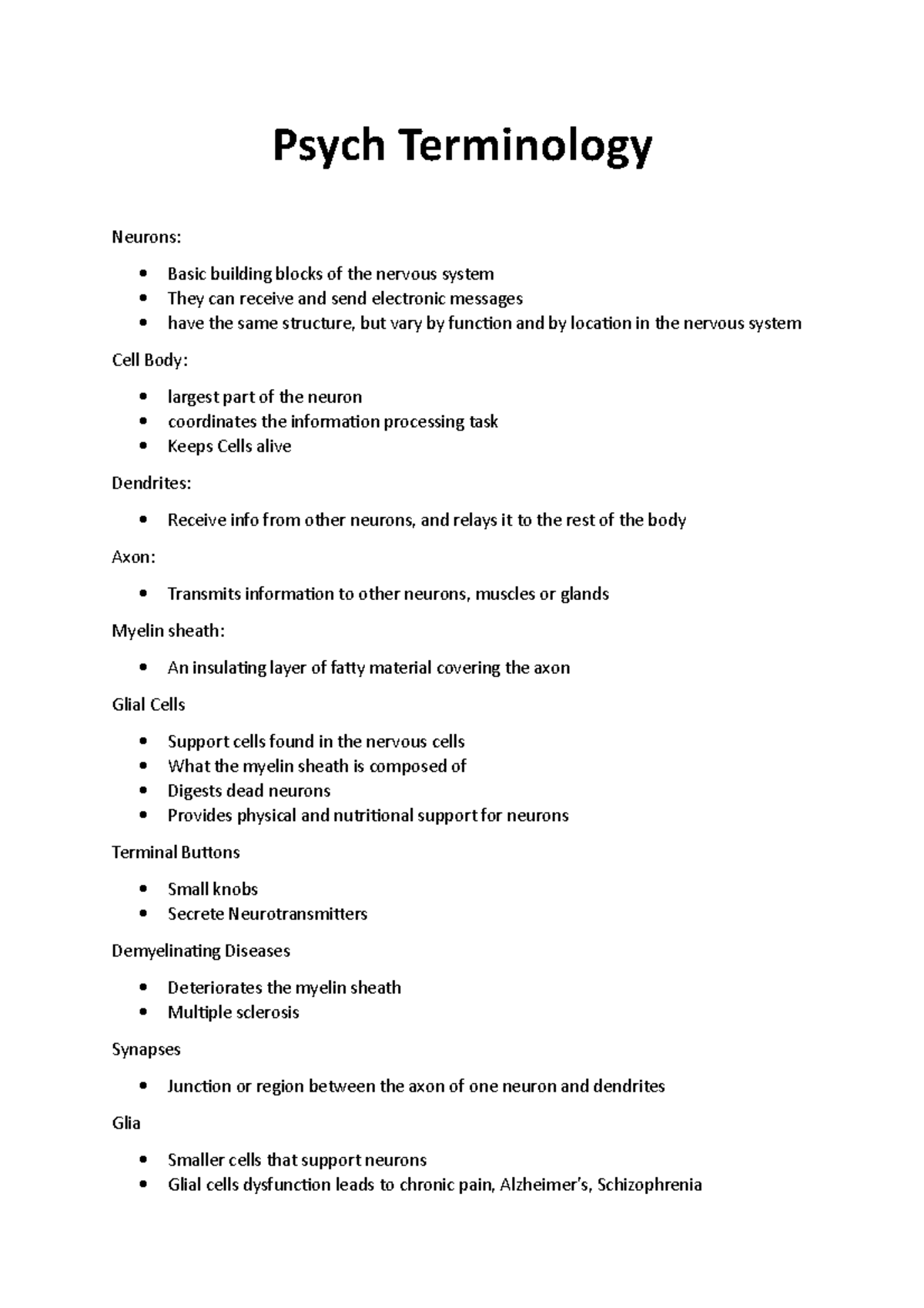 Psych Terminology - sum - Psych Terminology Neurons: Basic building ...