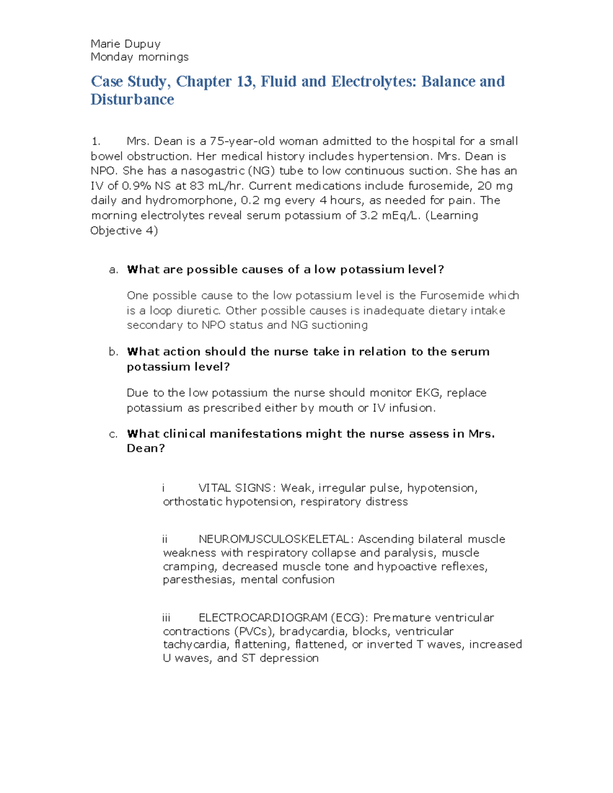 Case Study Chapter 13 - Marie Dupuy Monday mornings Case Study, Chapter 13, Fluid and ...
