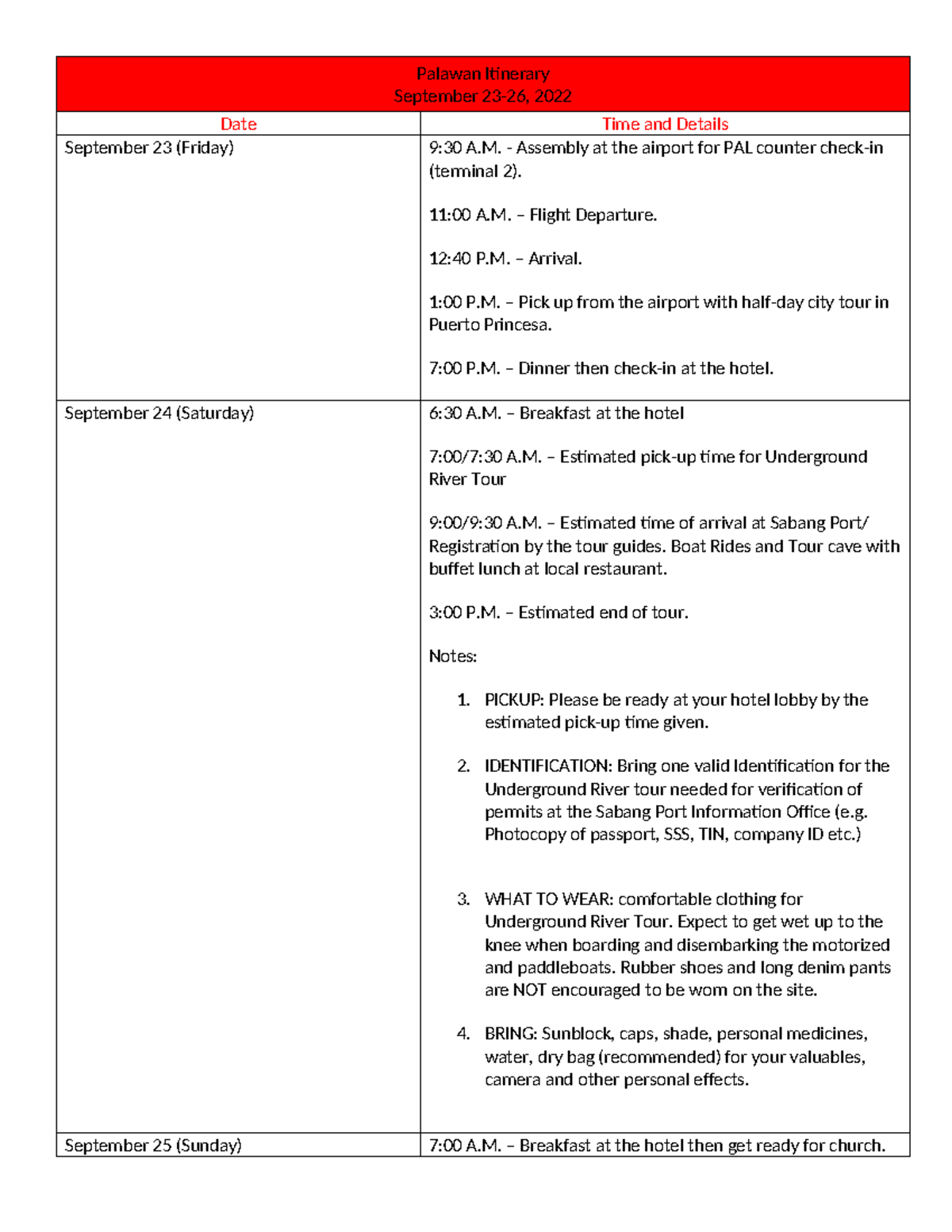 Palawan Itinerary 2022 - Palawan Itinerary September 23-26, 2022 Date ...