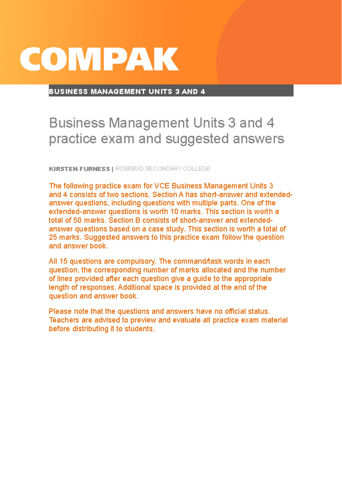 2017 VCTA Exam with Solutions - BUSINESS MANAGEMENT UNITS 3 AND 4 ...