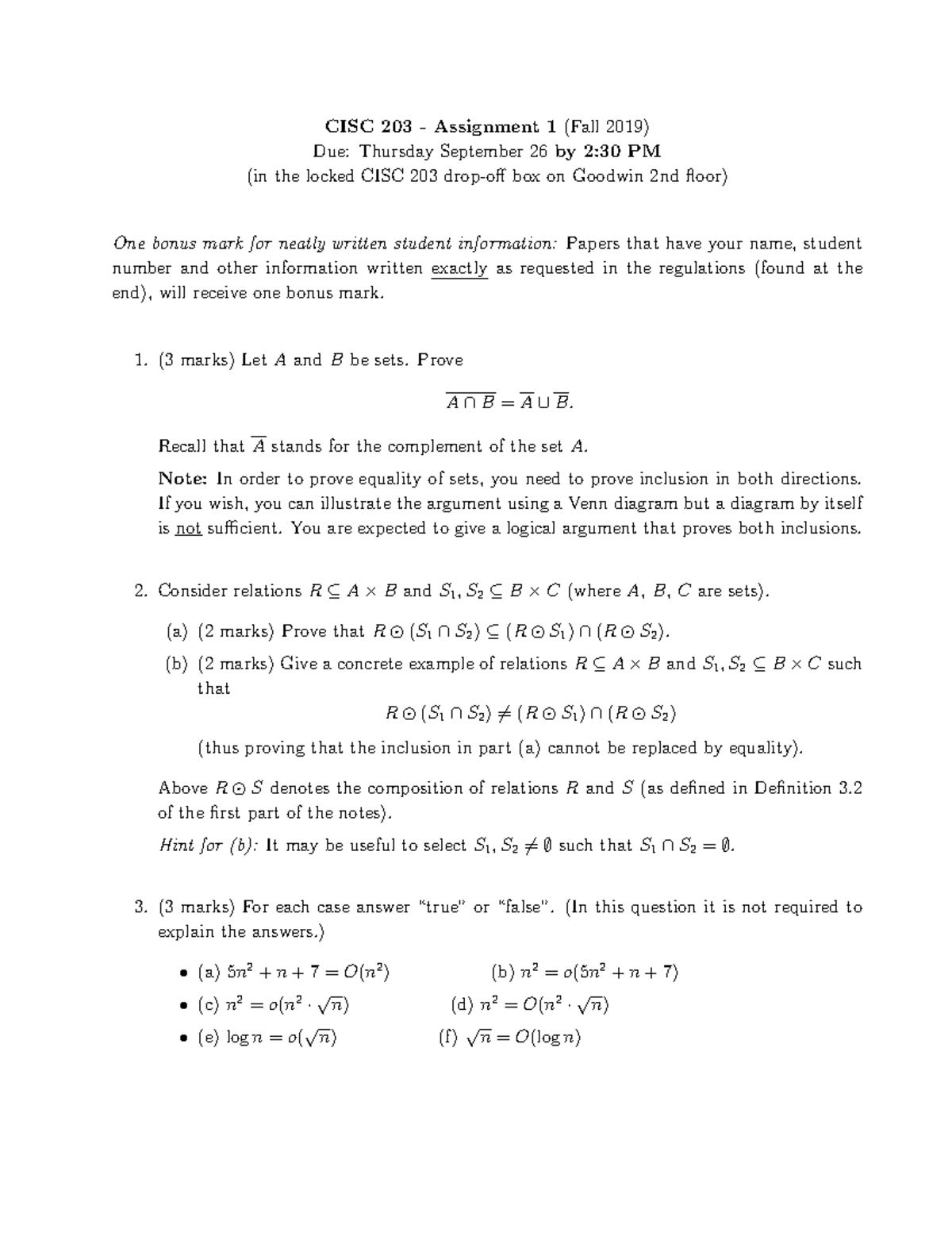 A1 - assignment - CISC 203 - Assignment 1(Fall 2019) Due: Thursday ...