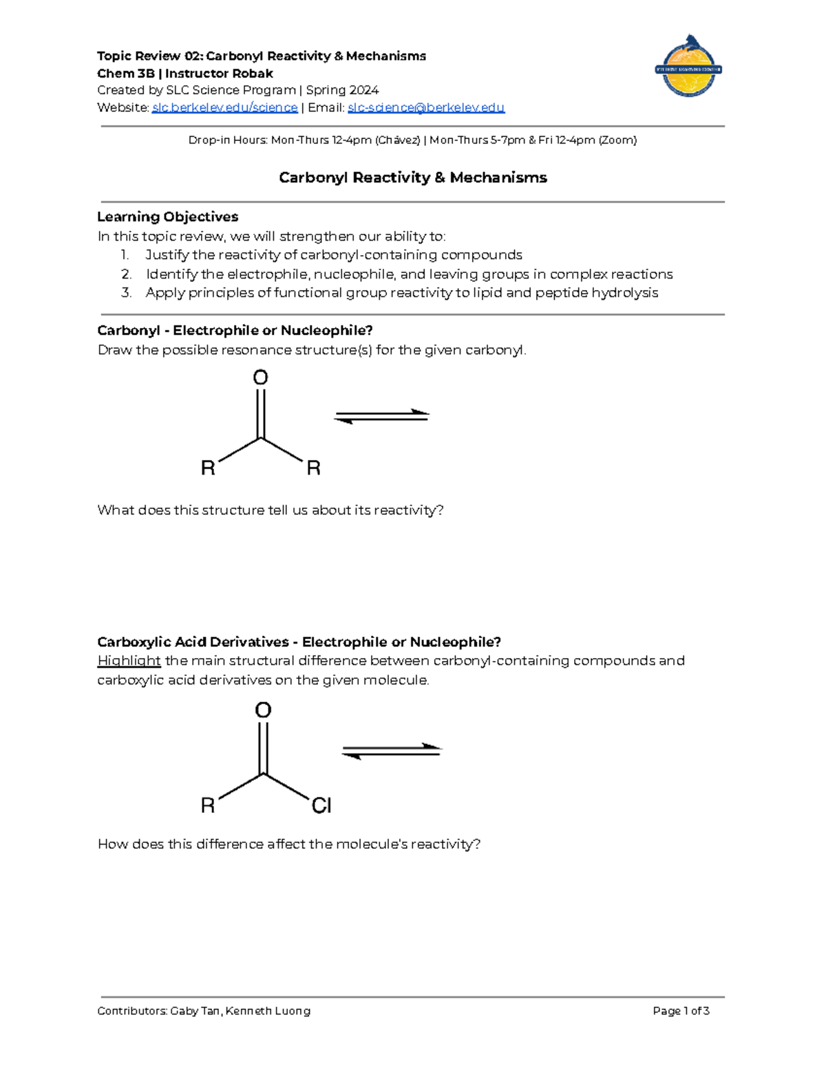 24SP Chem3B Robak TRHandout 02 - Topic Review 02: Carbonyl Reactivity ...
