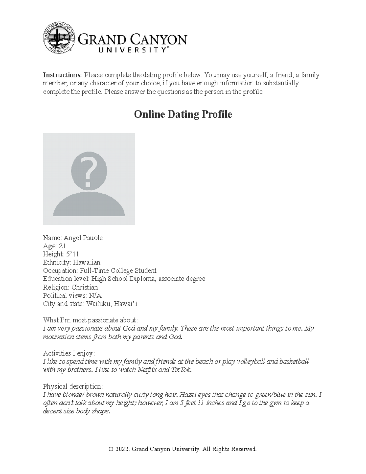 Dating Profile - homework - Instructions: Please complete the dating ...