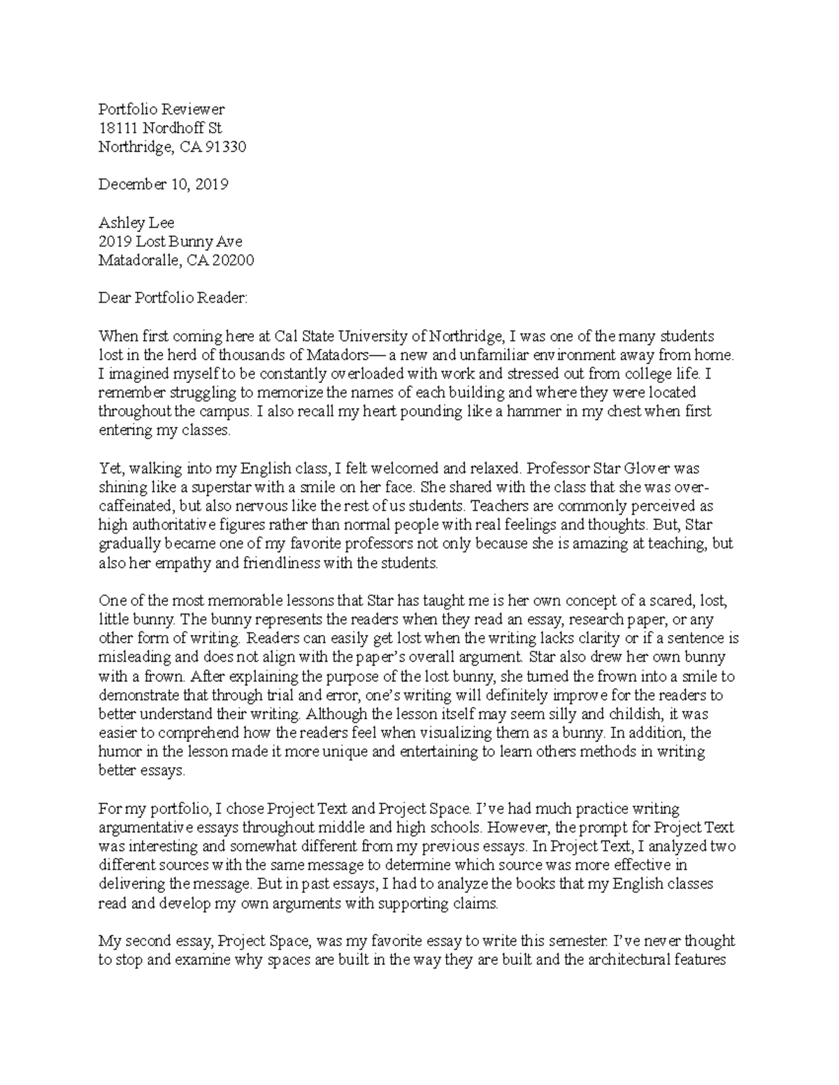 Portfolio Reflection Letter - Portfolio Reviewer 18111 Nordhoff St ...