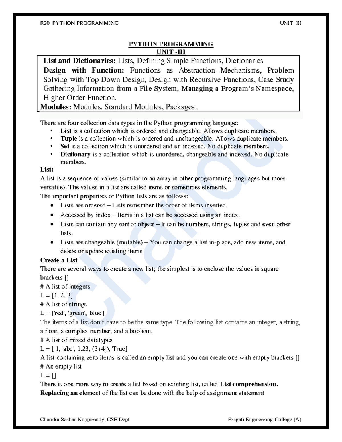 R20-N- Python UNIT 3 Chandu - PYTHON PROGRAMMING UNIT -III List and Dictionaries: Lists ...