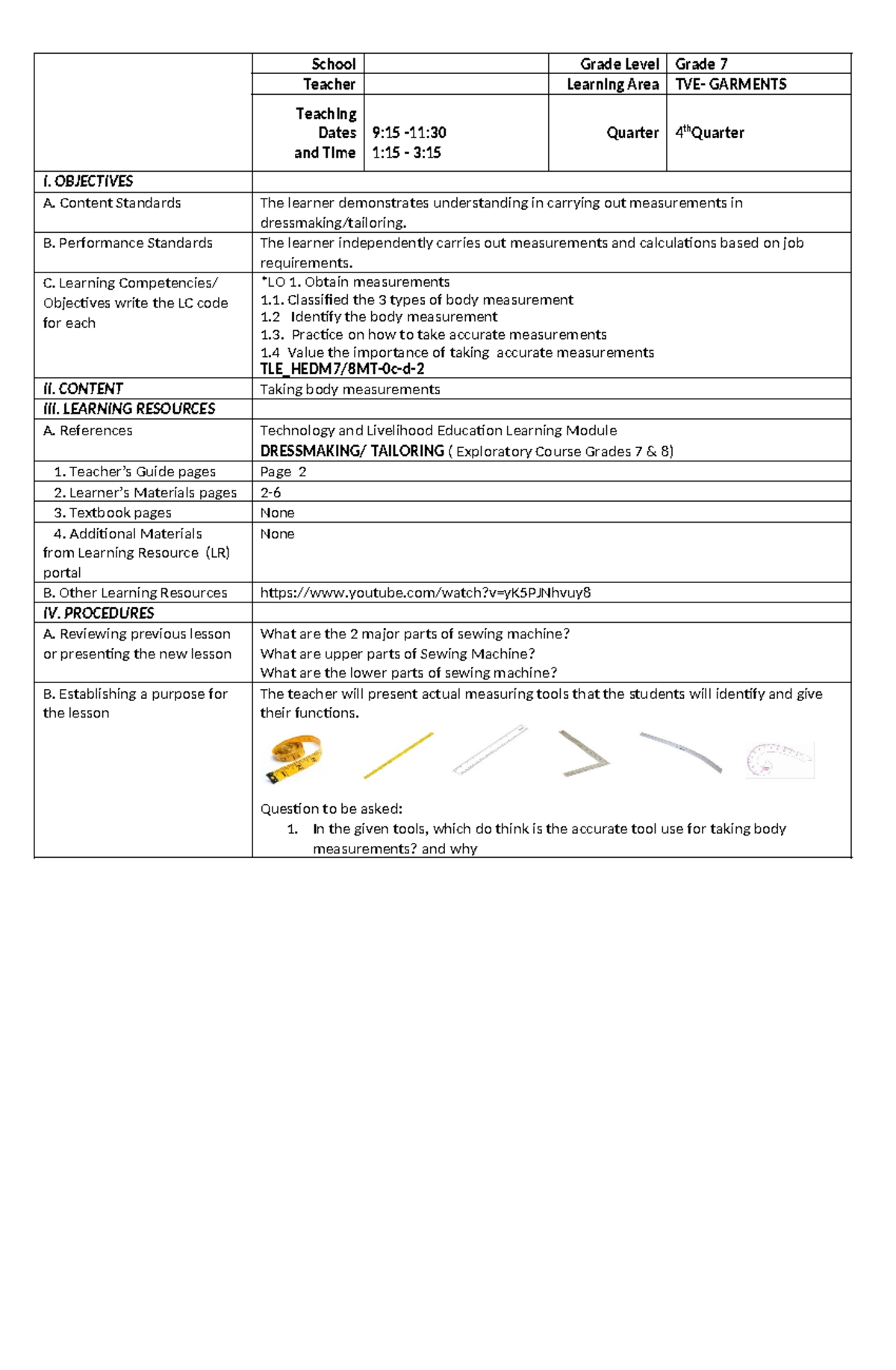 Lesson 3 taking body measurements.. Final copy - School Grade Level ...