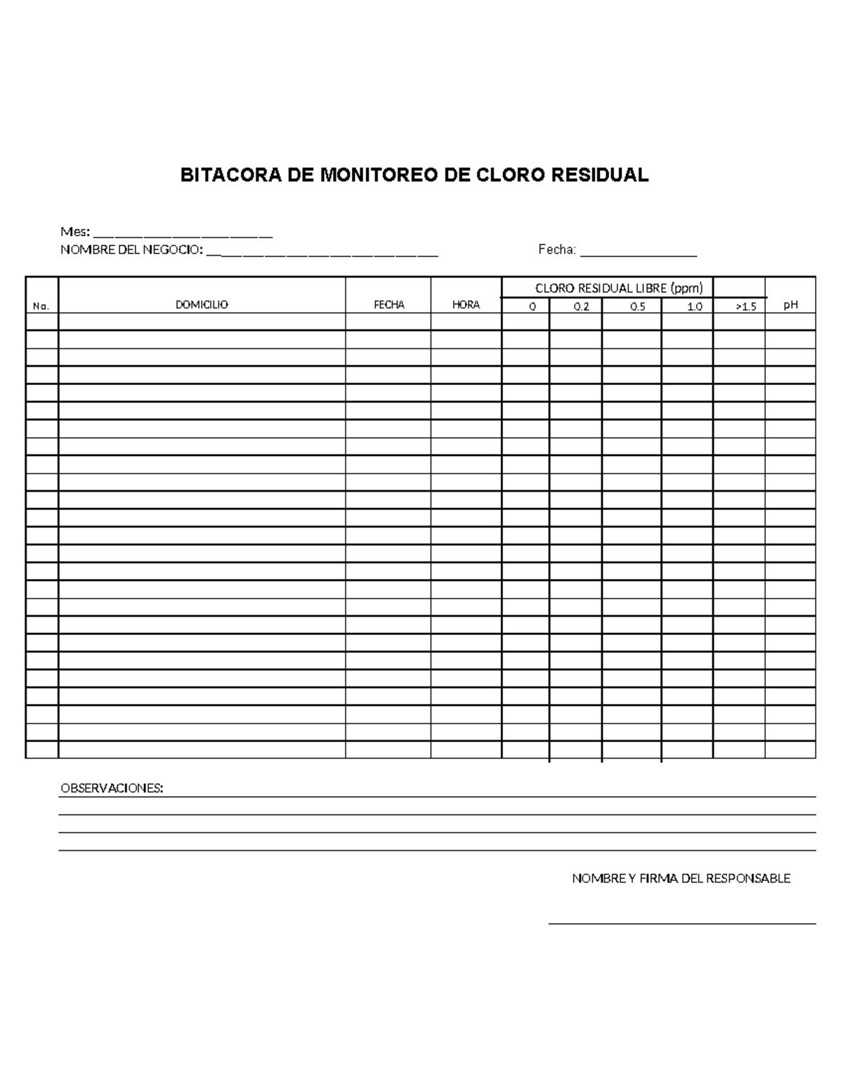 Bitacora Claracion DE AGUA EN Cisterna - BITACORA DE MONITOREO DE CLORO ...