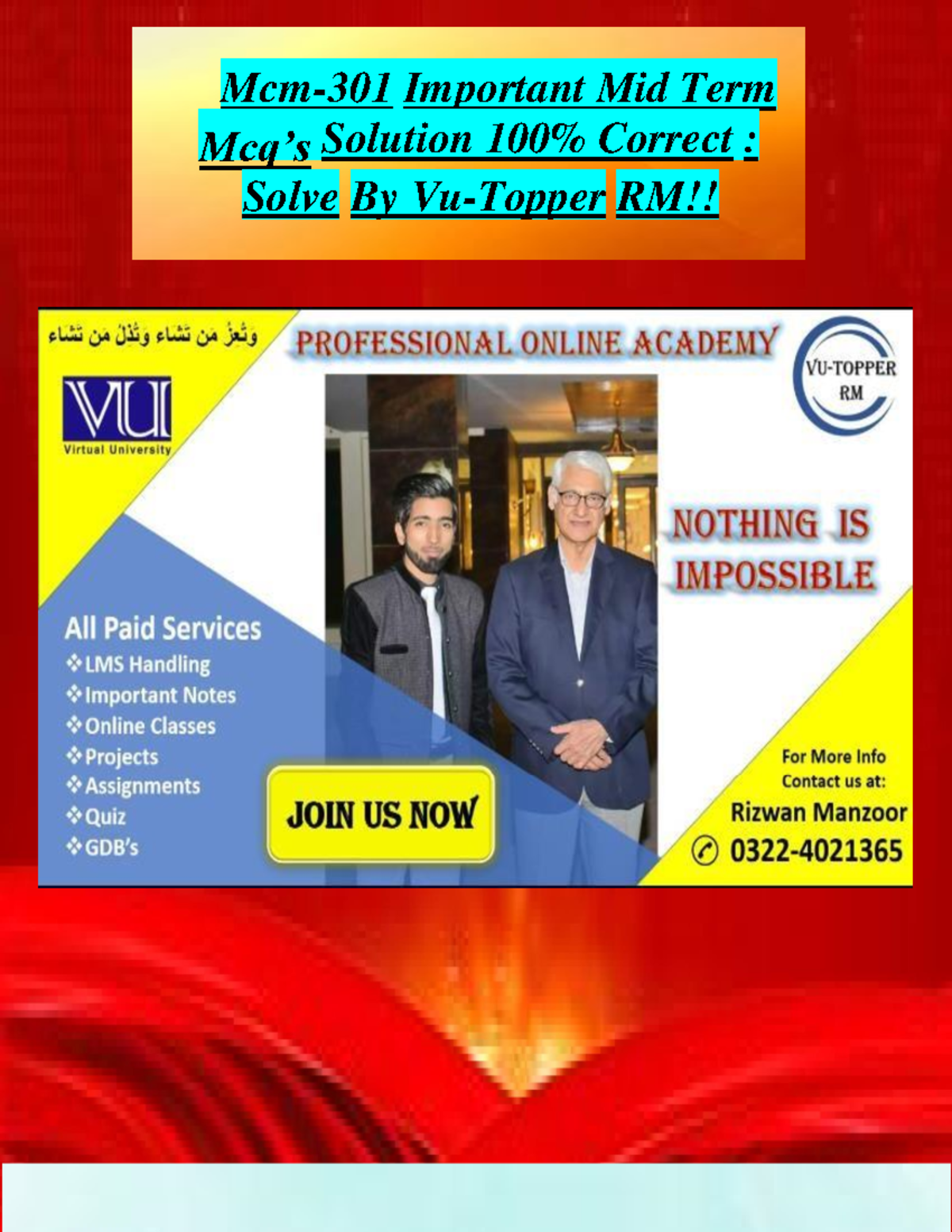 MCM301 Quiz File By Vu Topper RM - Mcm- 301 Important Mid Term Mcq’s Solution 100% Correct ...