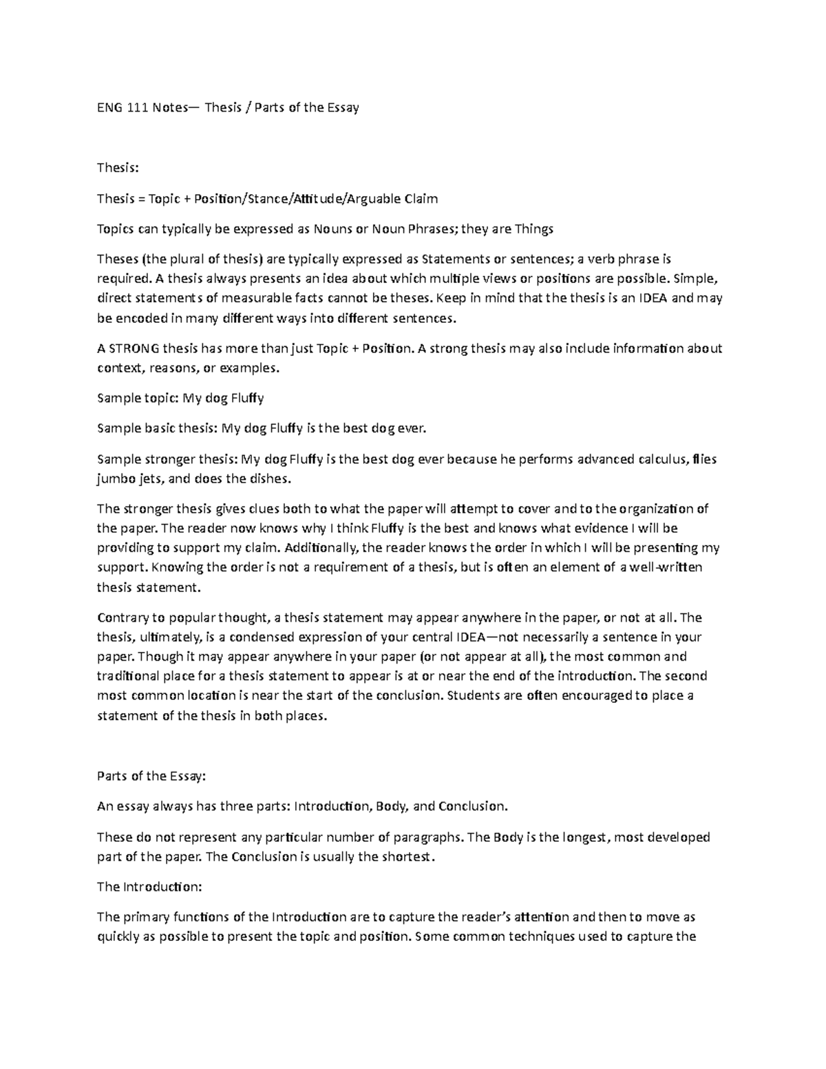 ENG 111 Notes Thesis Parts of the Essay - ENG 111 Notes— Thesis / Parts ...