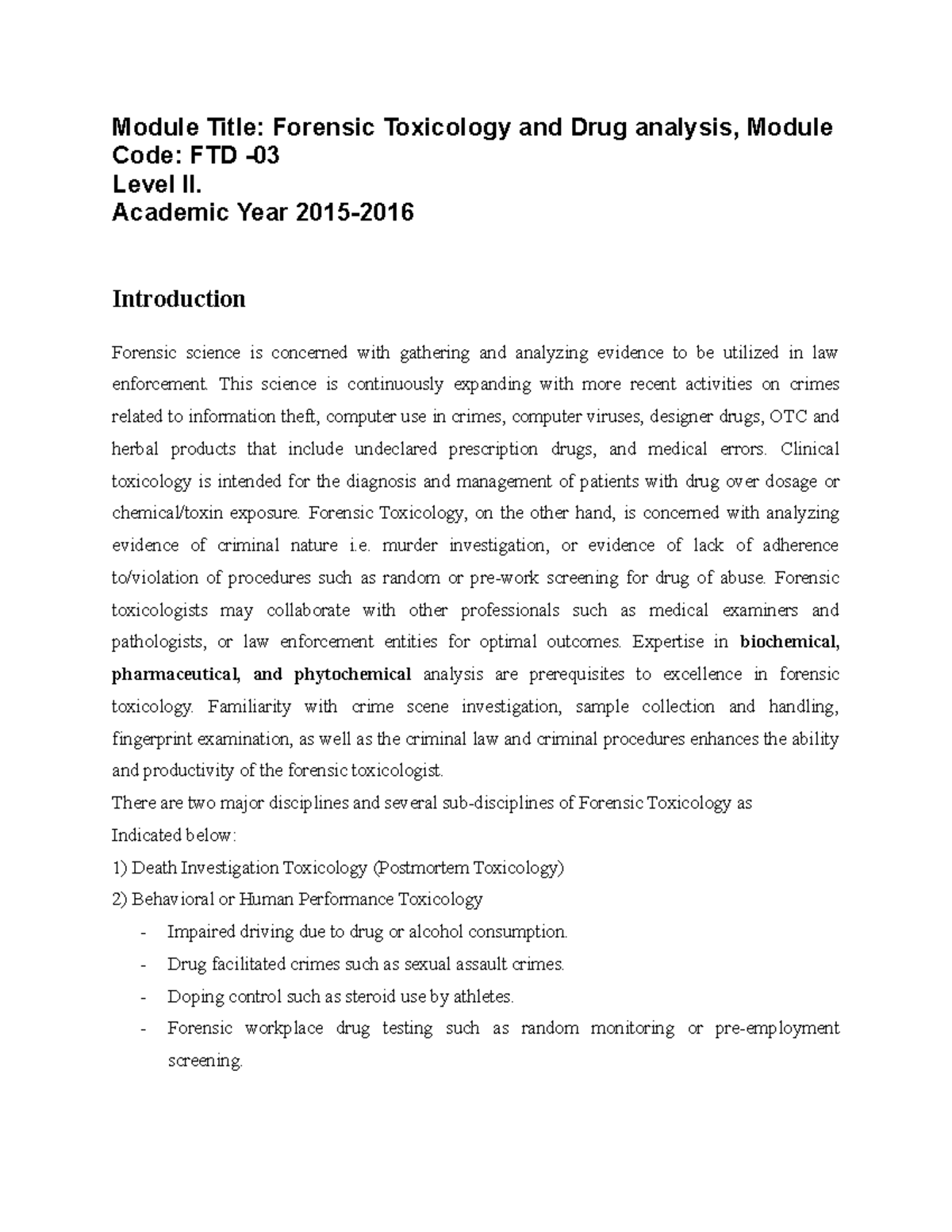 Module 1 Forensic Science - Module Title: Forensic Toxicology and Drug ...