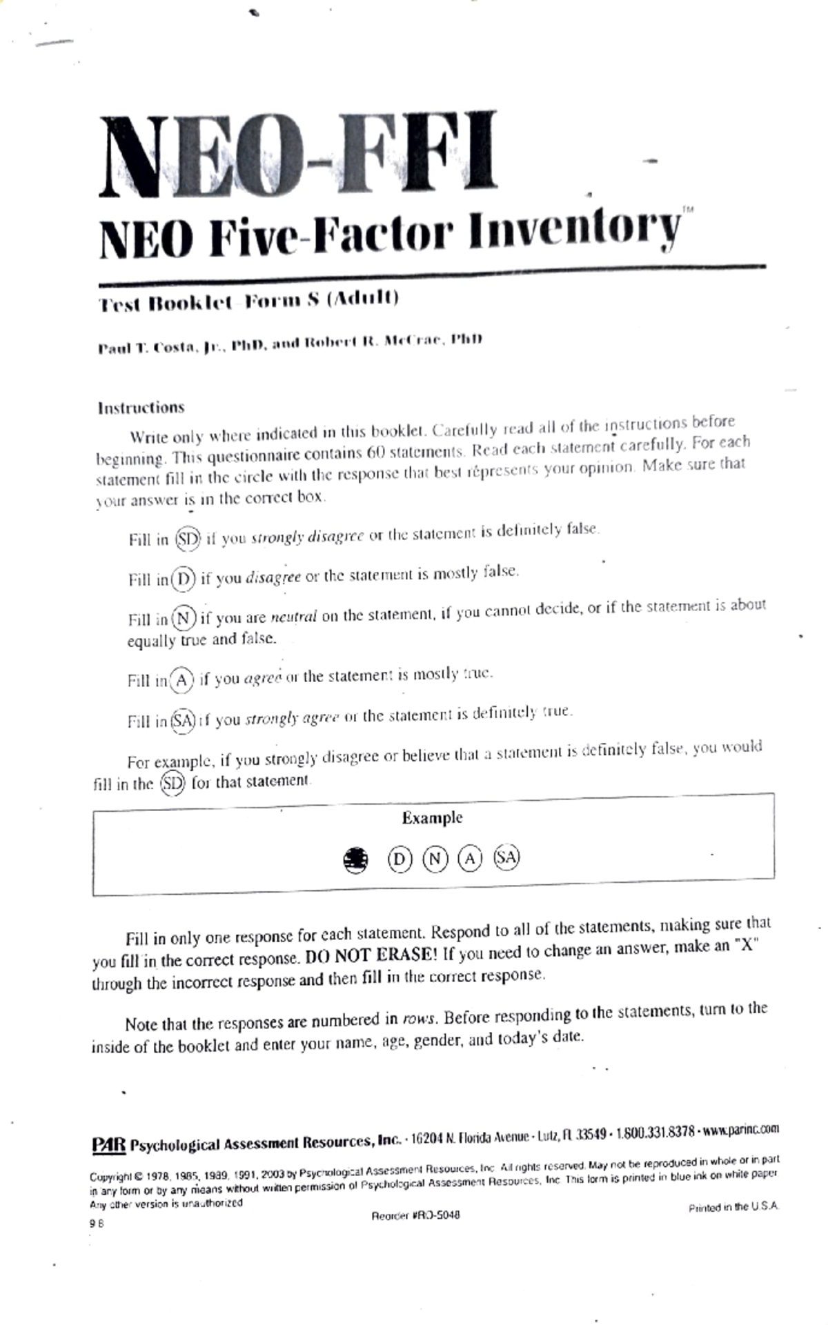 Practical - NEO-FFI NEO Five-Factor Invenlory Test Booklet Form S (Adul ...