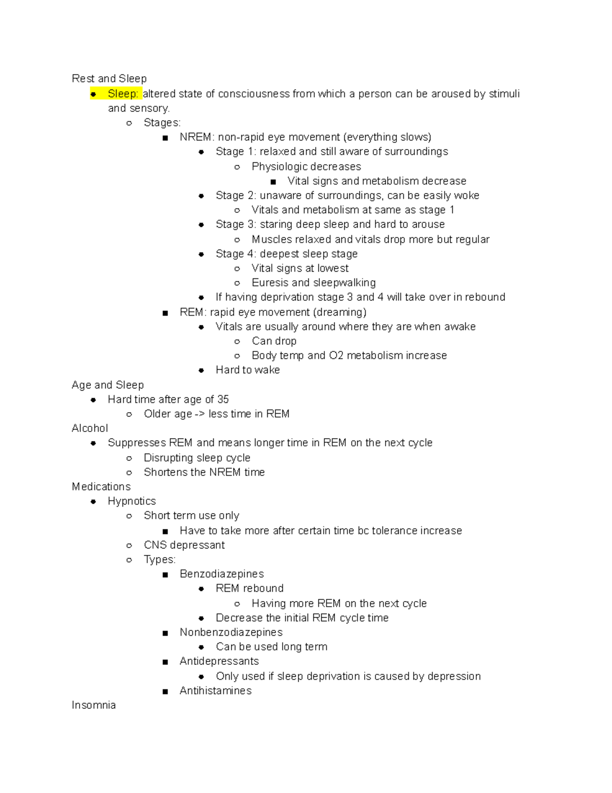 Rest and Sleep Fundamentals Outline - Rest and Sleep Sleep: altered ...