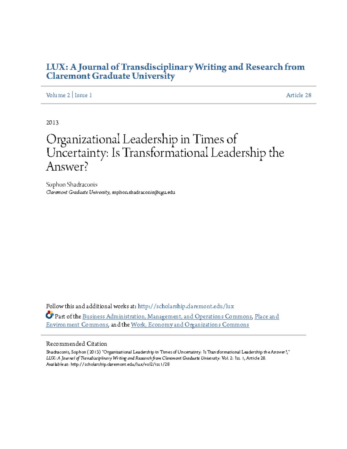 Organizational Leadership in Times of Uncertainty Is Transformational ...