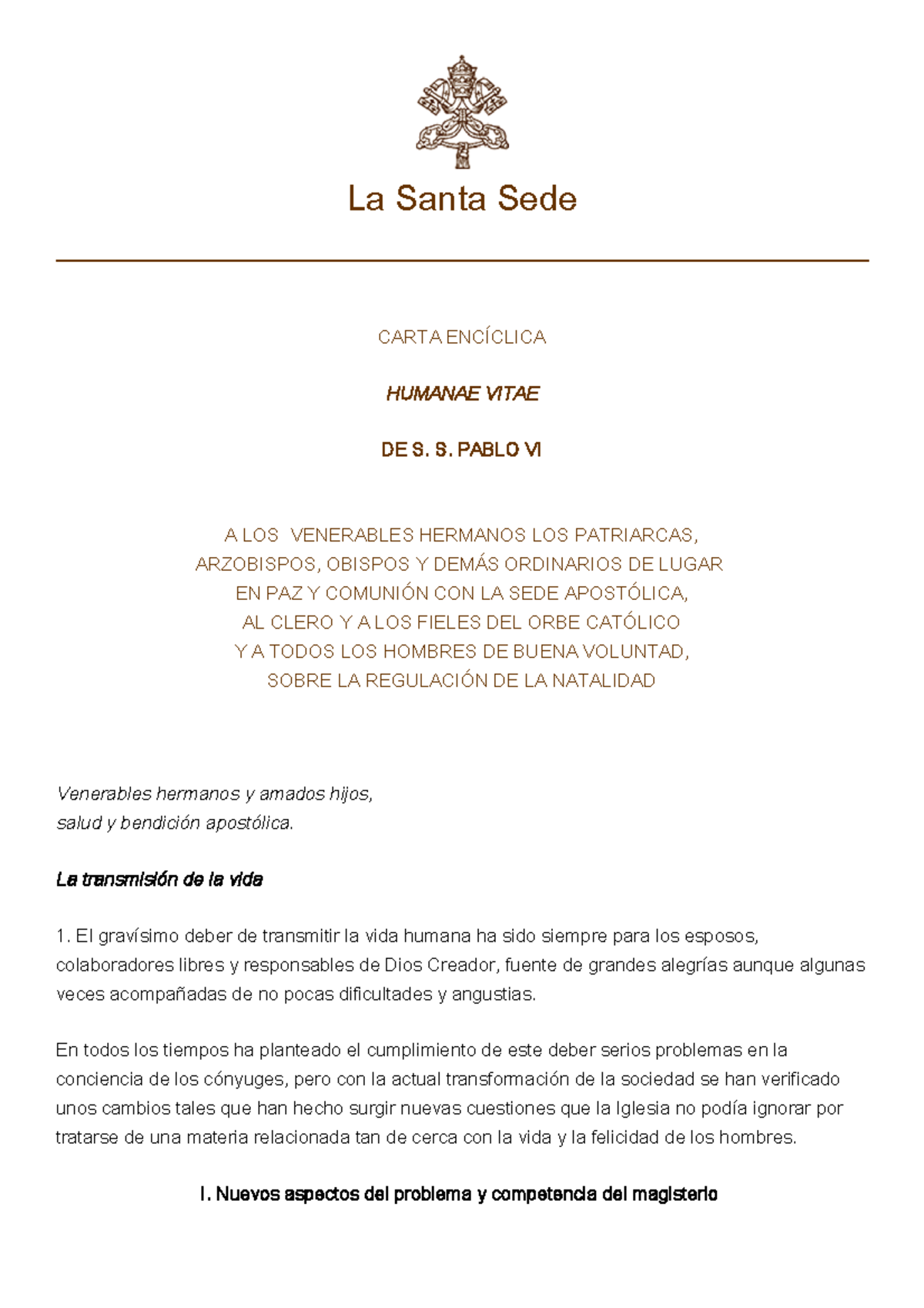 Encíclica humanae-vitae - La Santa Sede CARTA ENCÍCLICA HUMANAE VITAE ...