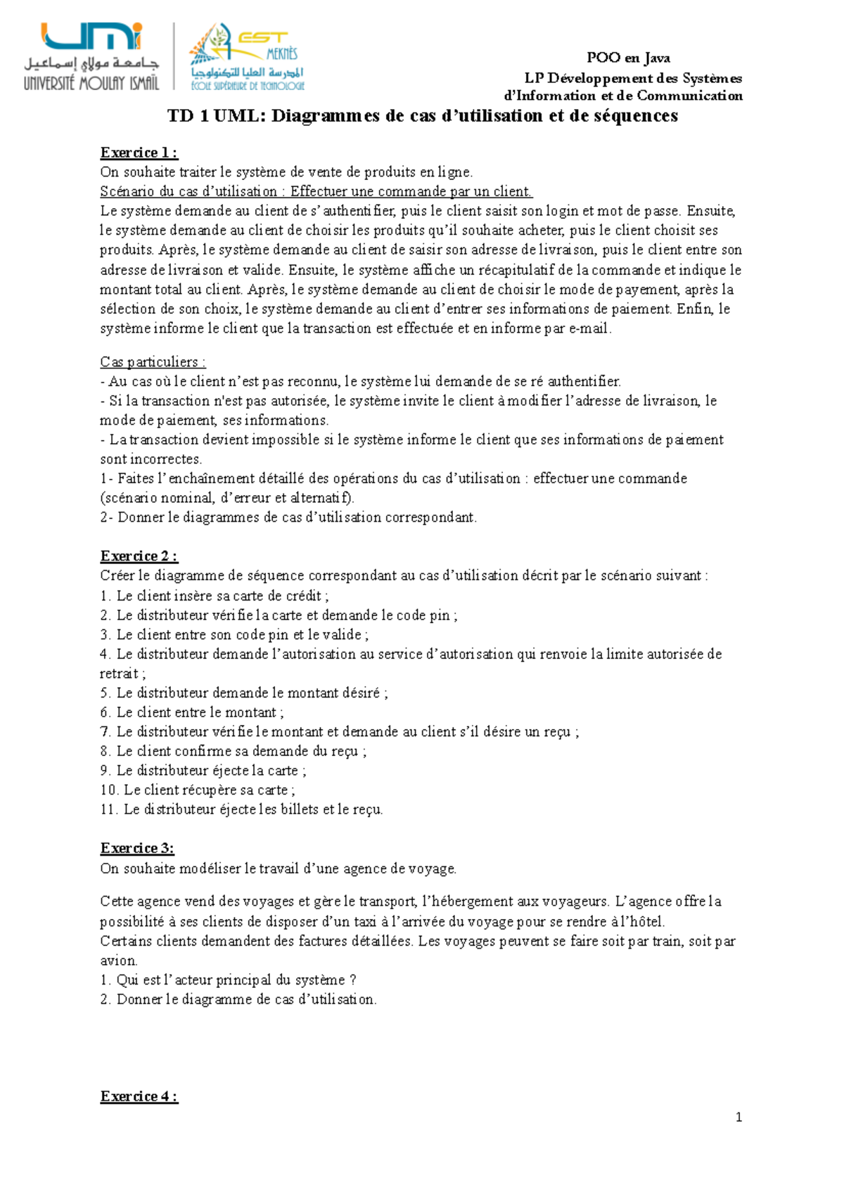 TD 1 UML: Diagrammes de cas d’utilisation et de séquences - POO en Java LP Développement des ...