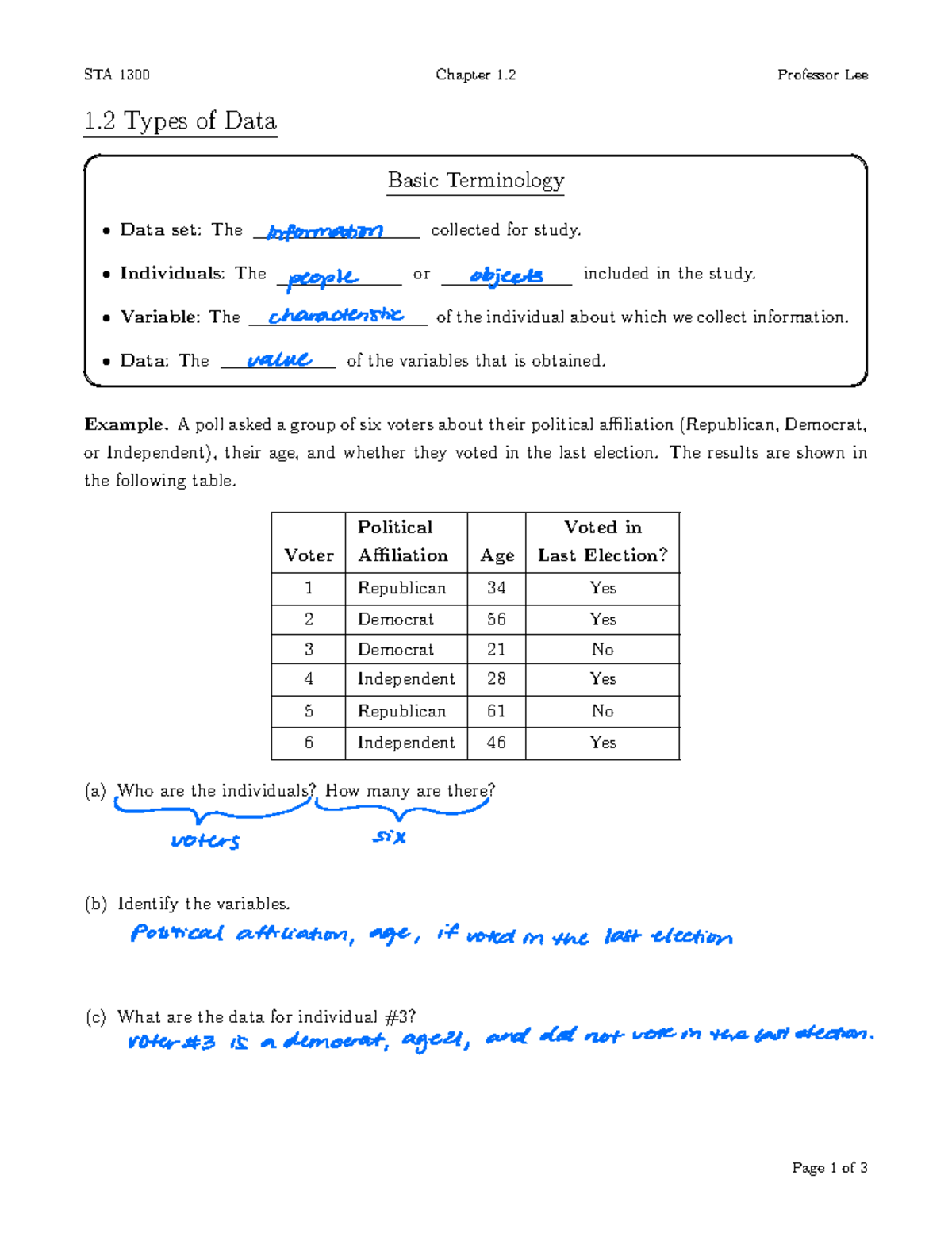 1.2 Handout - Biostatistics- Professor Lee - STA 1300 Chapter 1 ...