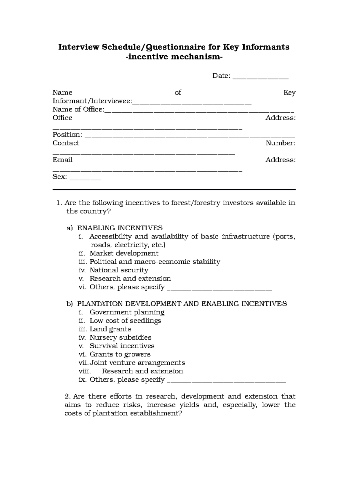 Questionnaire for Incentive v - Interview Schedule/Questionnaire for ...