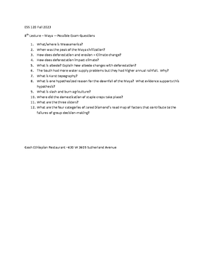 Exam One Study Guide ESS 120 - ESS 120: Dr. Eash Exam One Lecture 1—Possible Exam Questions T F ...