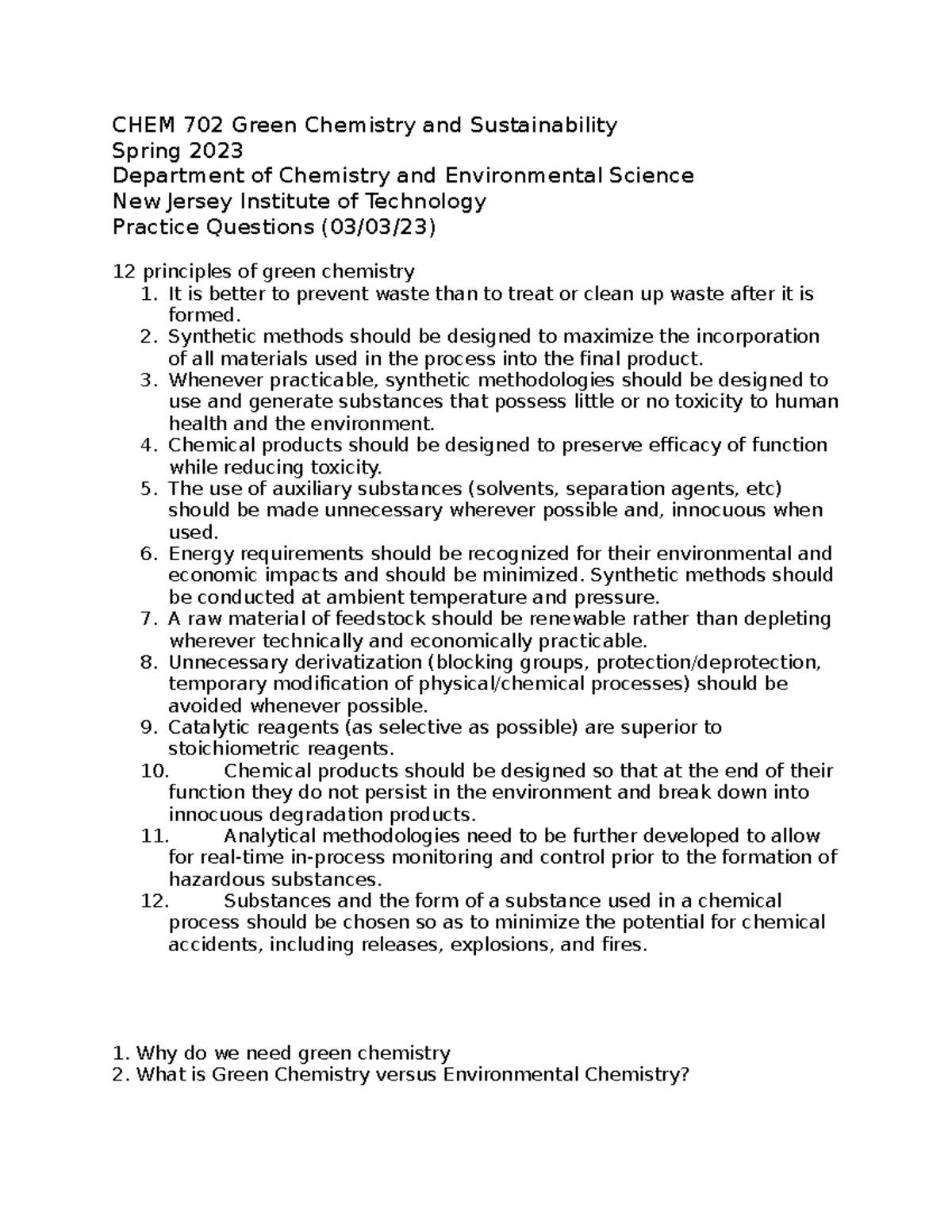 CHEM 702 Green Chemistry Practice questions - CHEM 702 Green Chemistry ...