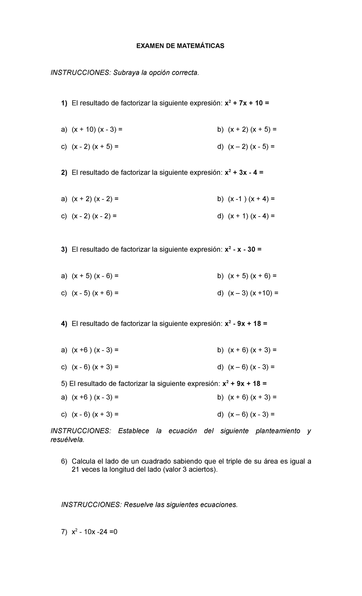 Examen - Factorización (opción múltiple) Ecuaciones cuadráticas ...