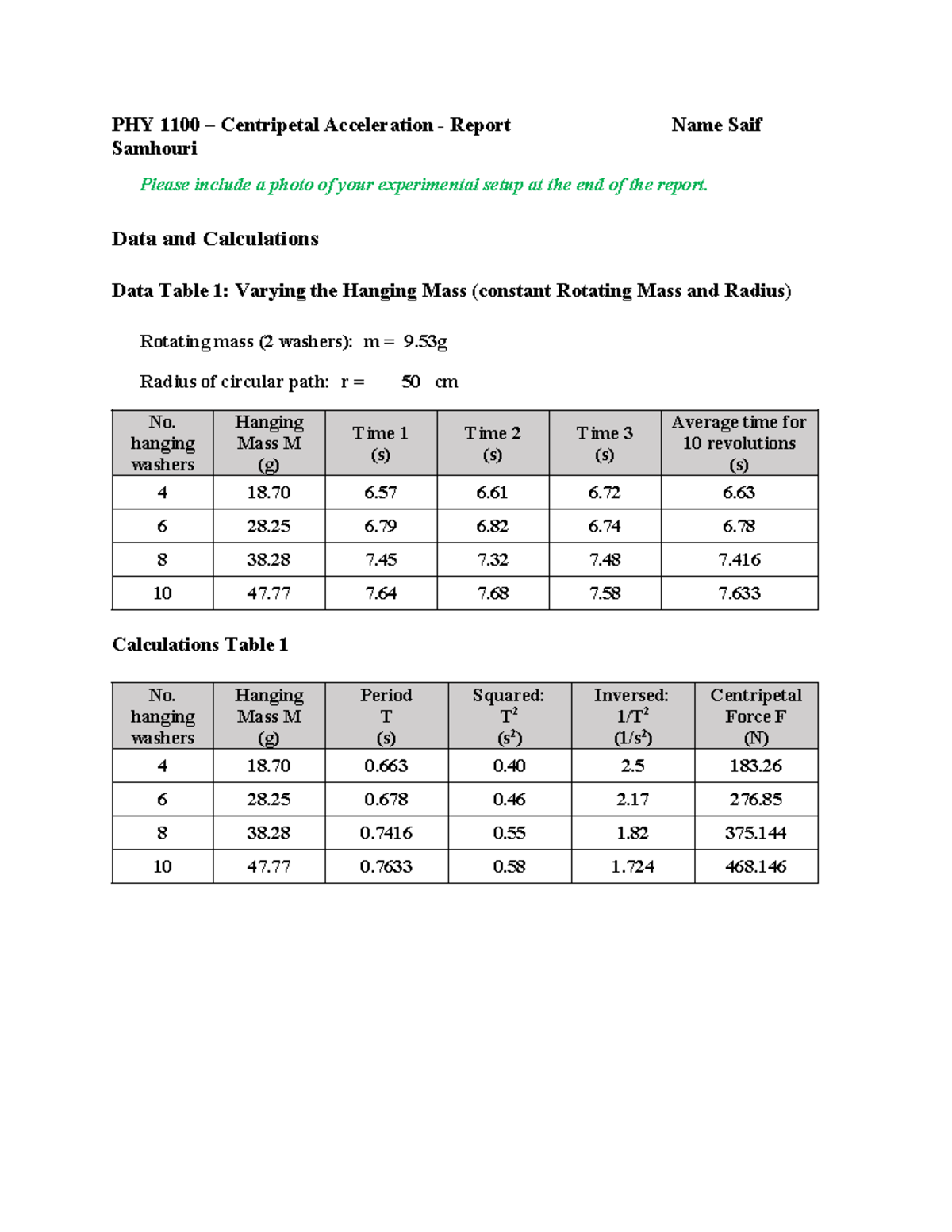 Lab 9 - Lab nine for physics lab 9 online - PHY 1100 – Centripetal ...