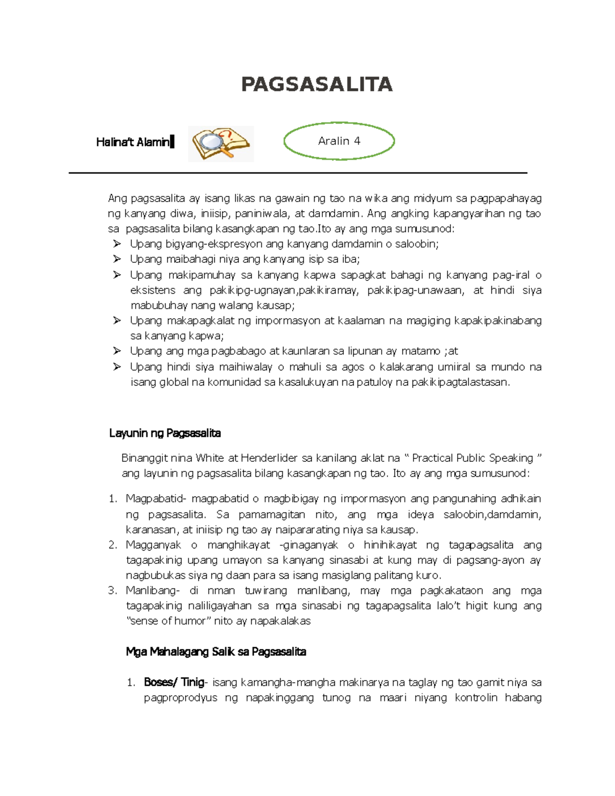 SF-1ST Pagsasalita - PAGSASALITA Halina’t Alamin Ang pagsasalita ay ...