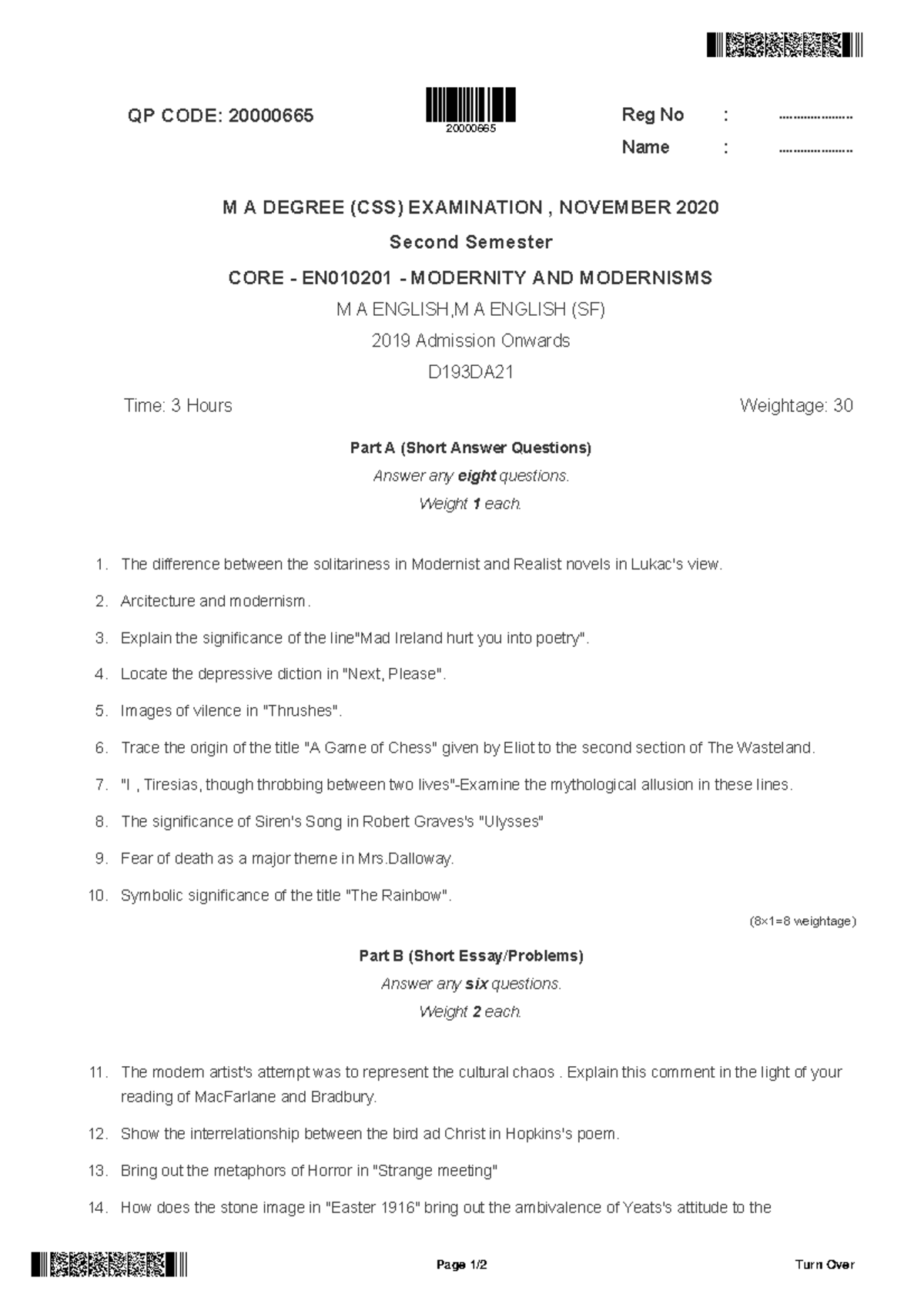 previous year question paper - QP CODE: 20000665 Reg No : ..................... Name : - Studocu