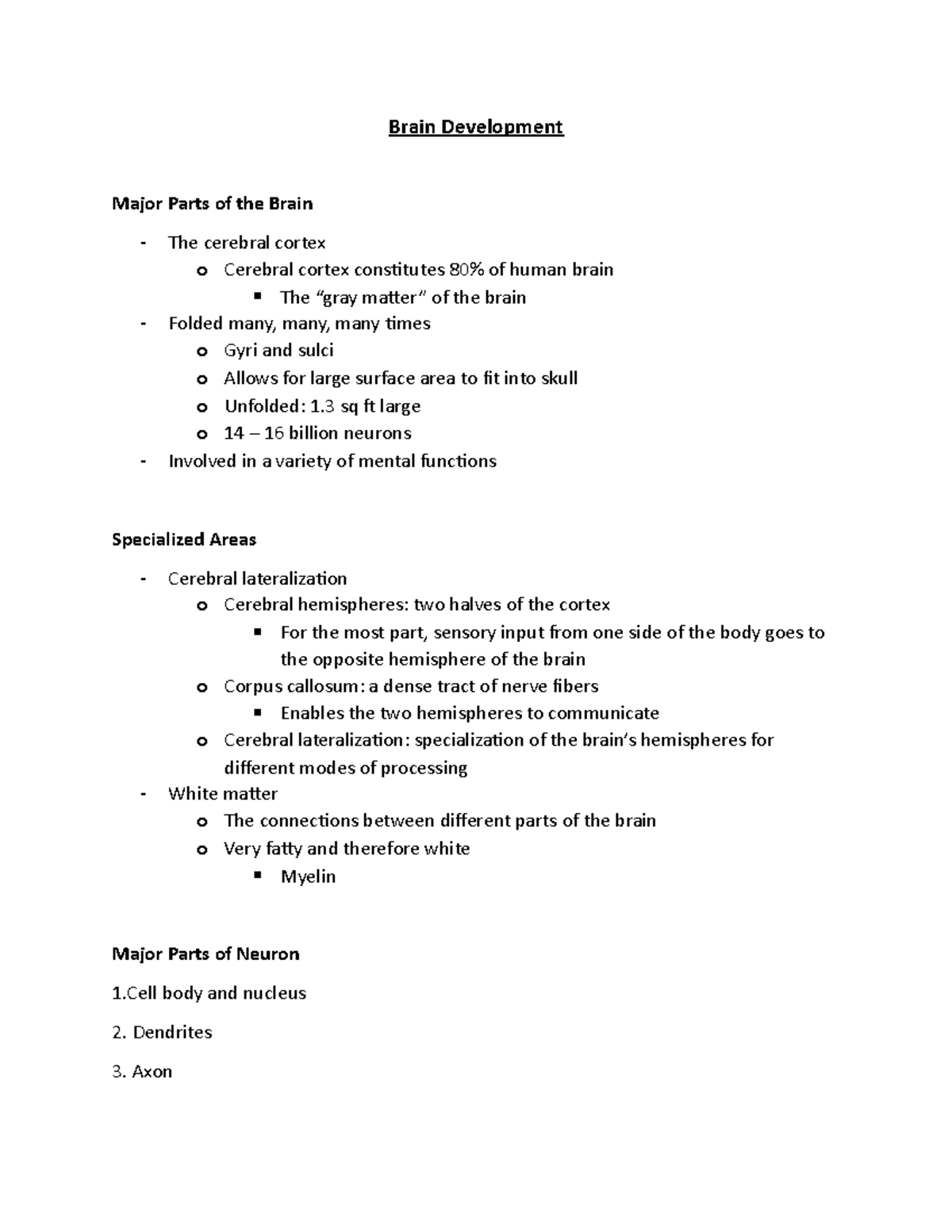Brain Development - Brain Development Major Parts of the Brain The ...