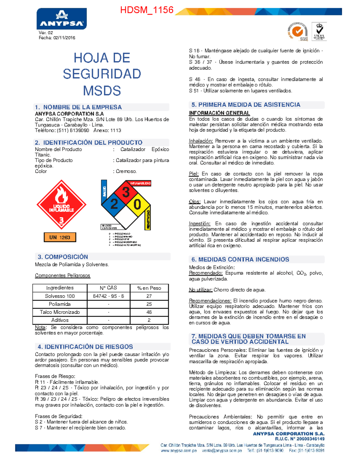 HDSM 1156 Catalizador Epoxico Titanic 02 - Ver. 02 Fecha: 02/11/ HOJA ...