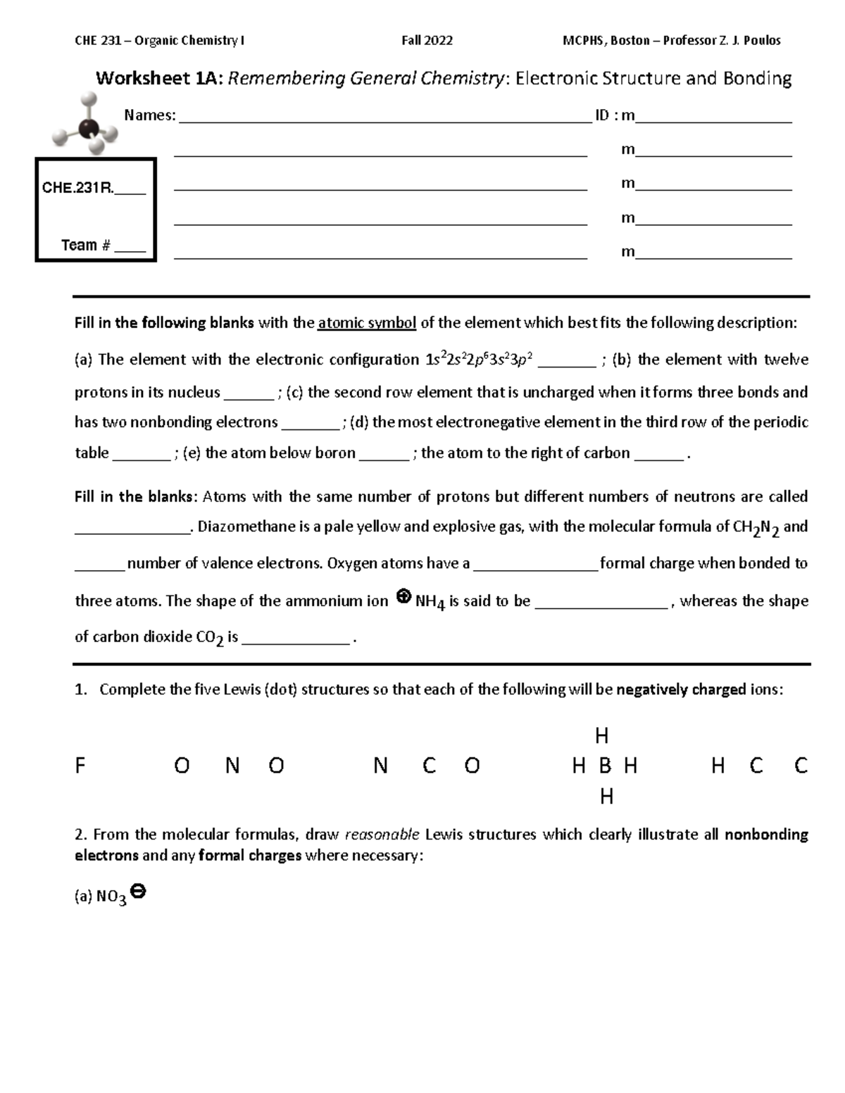 Worksheet 1A - Remember General Chemistry - Electronic Structure and ...