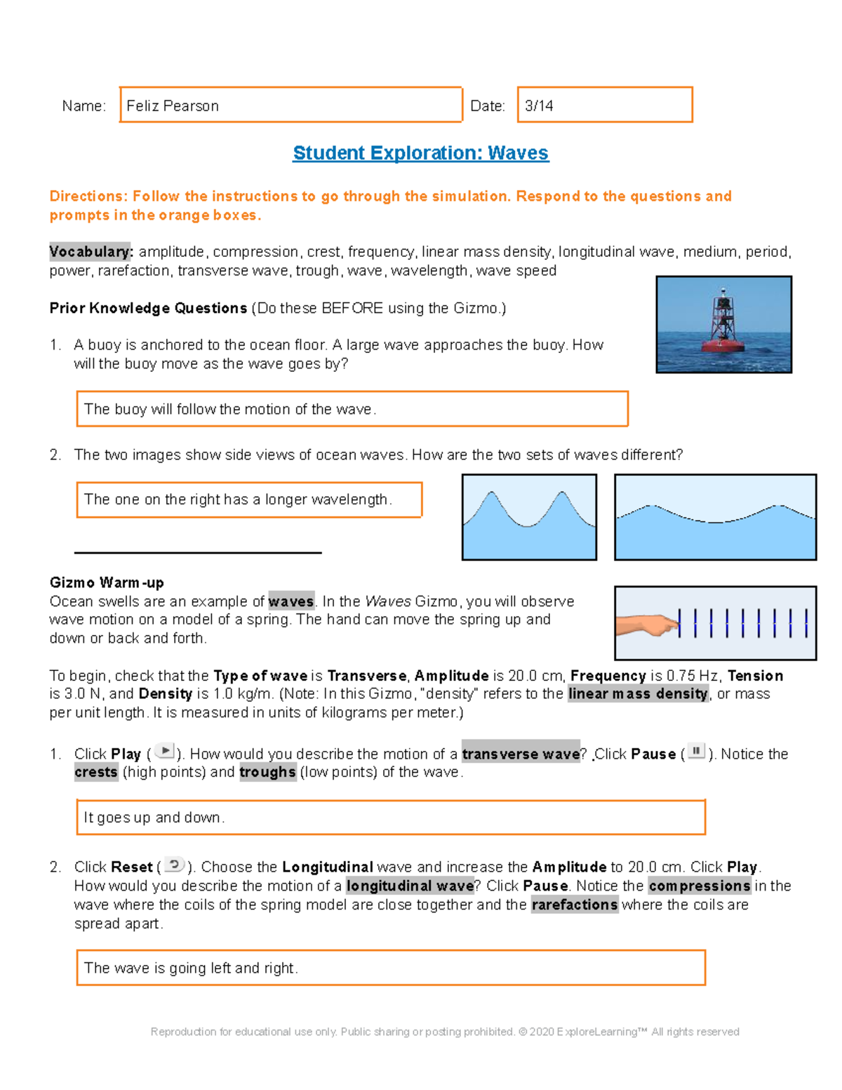 Student Exploration Waves Gizmo Simulation - Name: Feliz Pearson Date ...