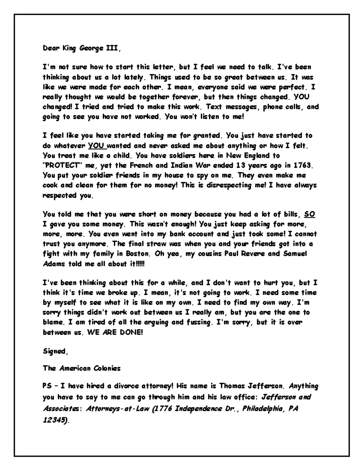 Break Up Letterto King George III-1 - Dear King George III, I'm not ...