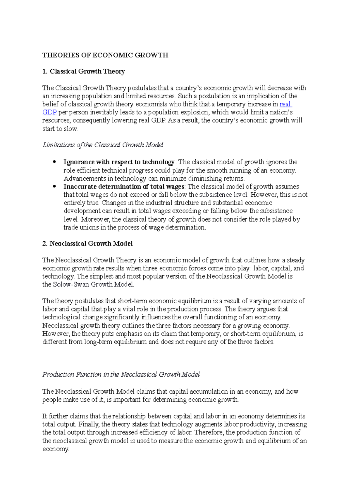 Economics - THEORIES OF ECONOMIC GROWTH 1. Classical Growth Theory The ...