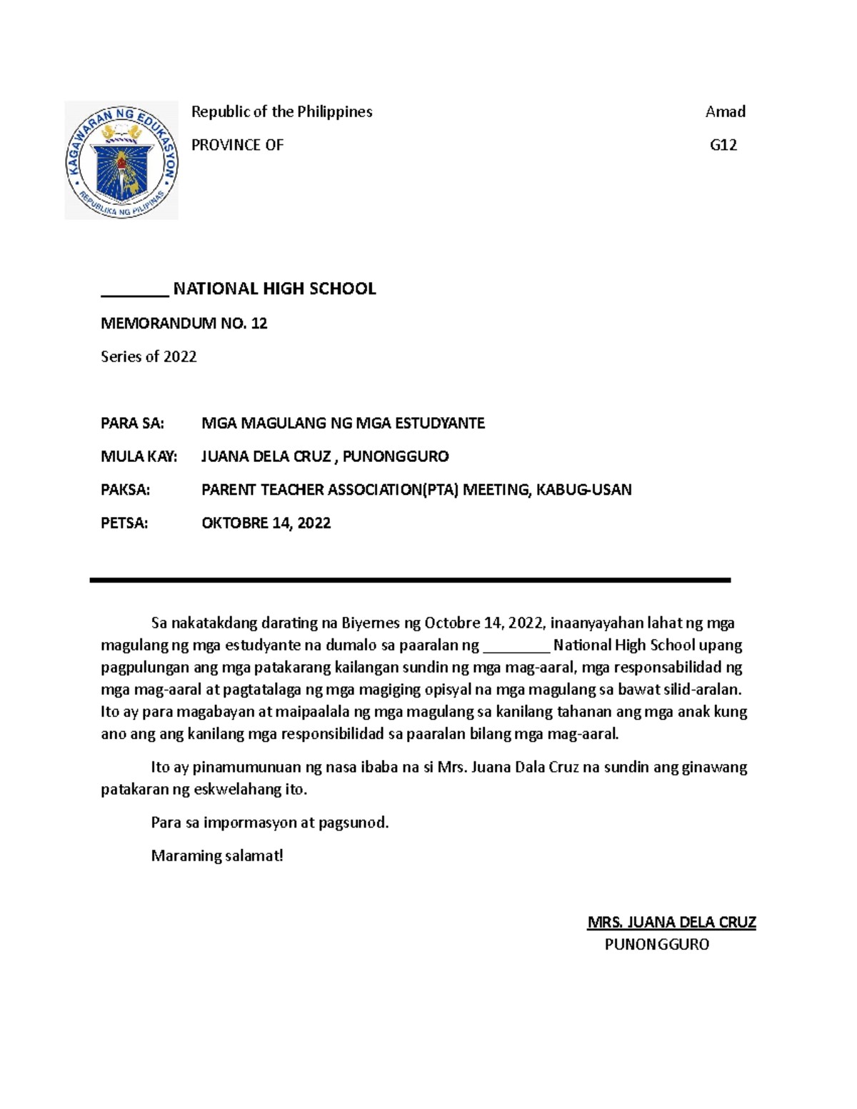 Memo Sample - Making memos and minutes for a meeting. - Republic of the ...