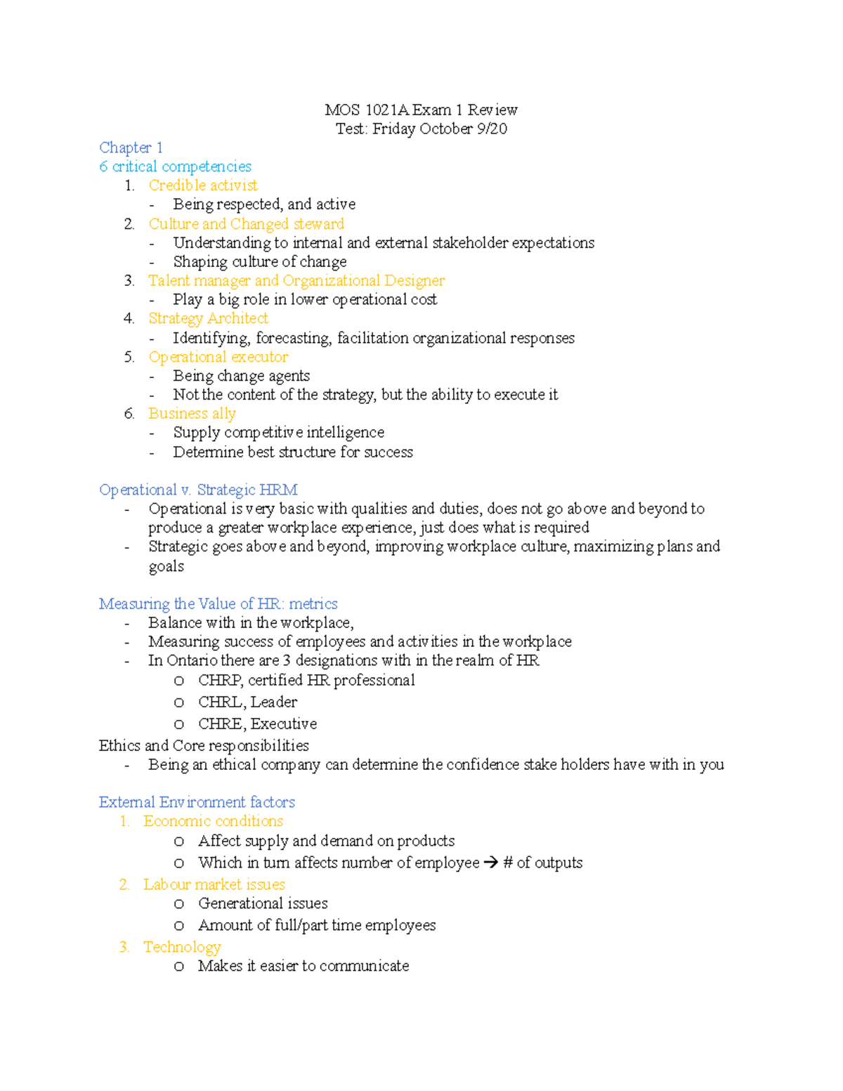 MOS 1021A Exam 1 Review - 1021B - UWO - Studocu