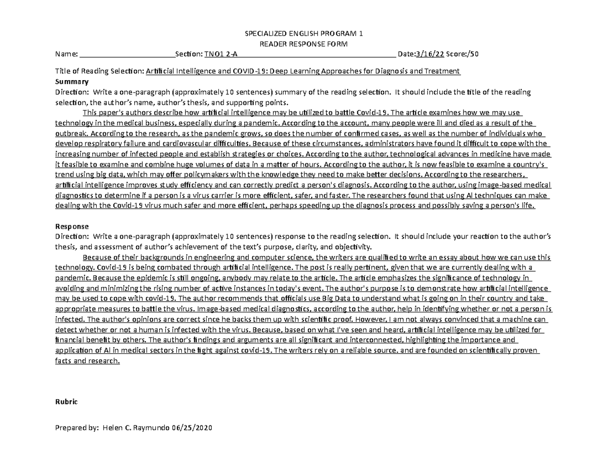 Reader Response Form with Rubric D3 - SPECIALIZED ENGLISH PROGRAM 1 ...