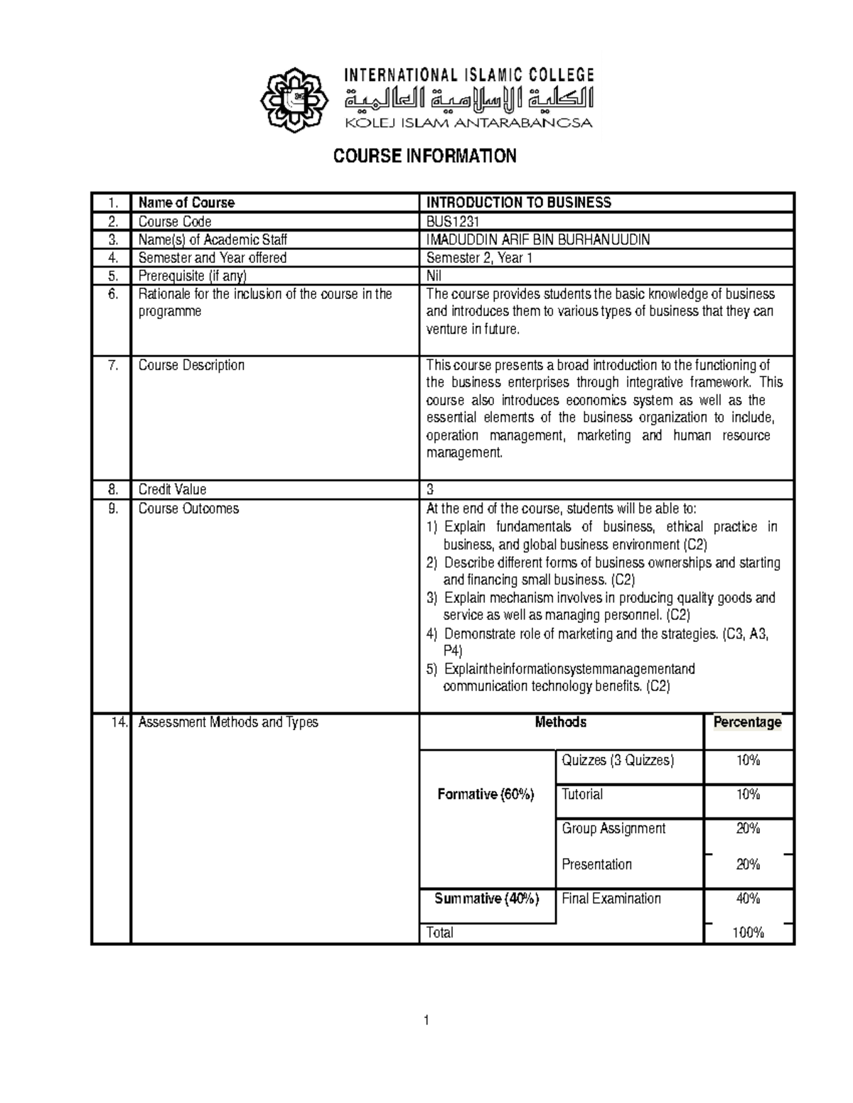 1) CI Intro TO BUS - Lecture notes 1-5 - COURSE INFORMATION Name of ...