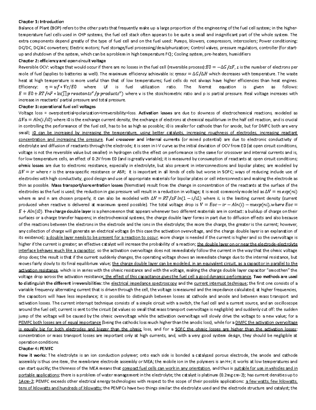 Fuel Cell Systems Summary - Chapter 1: Introduction Balance of Plant ...